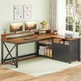 Farmhouse L-Shaped Desk with Power Outlets & LED Lights for Home Office ...