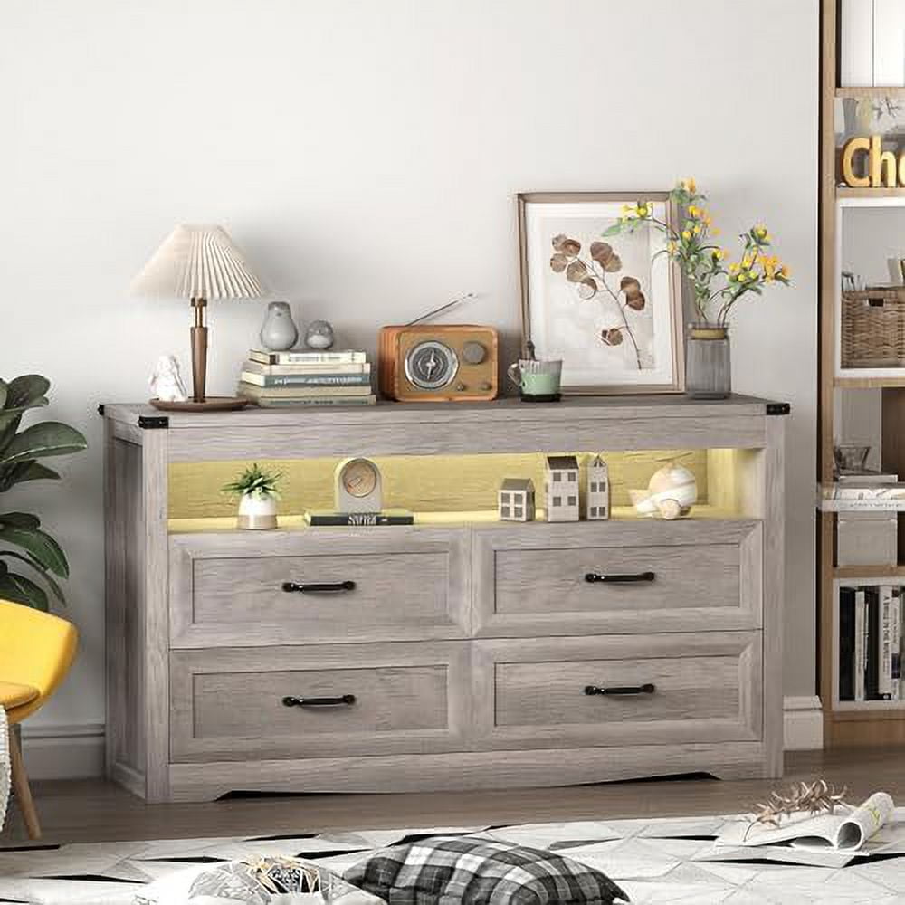 Farmhouse LED Dresser for Bedroom with 4 Drawers Modern Chest of ...