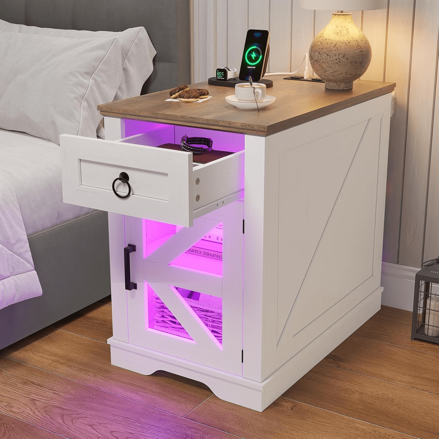 Farmhouse LED End Tables with Charging Station Side Table Living Room ...