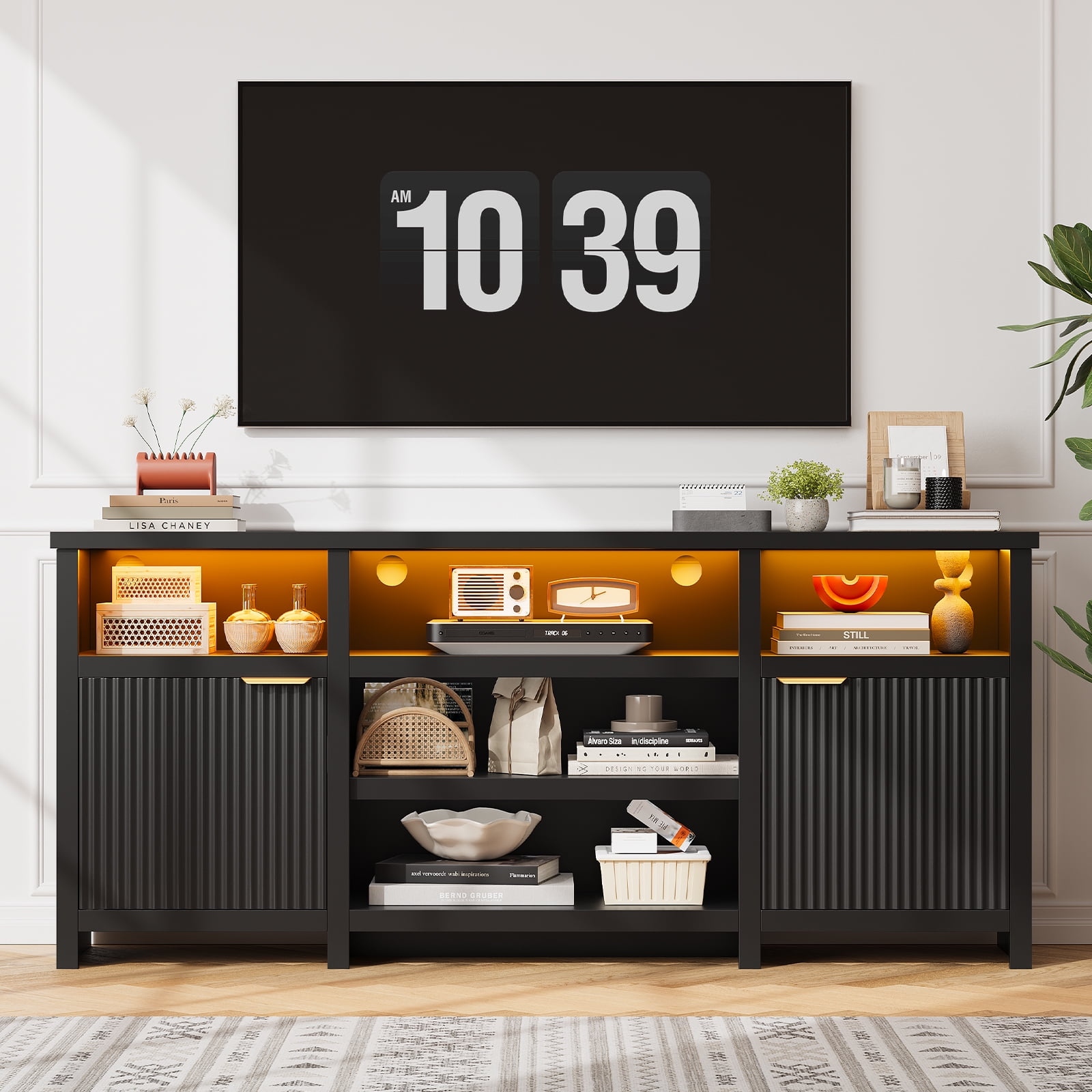 Farmhouse LED TV Stand for 80-inch TVs, Wooden Highboy TV Cabinet Media ...