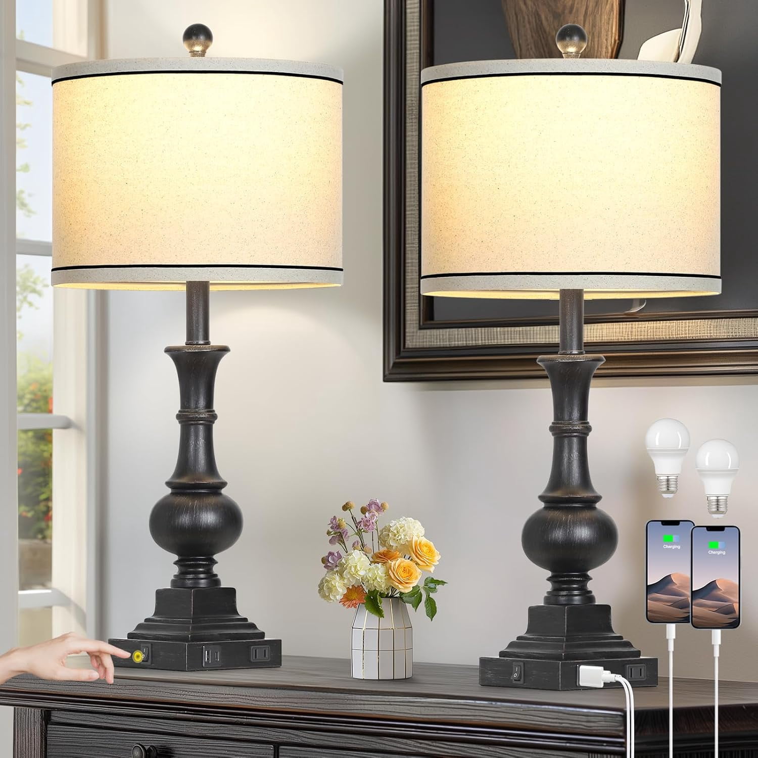 Farmhouse Lamps Set of 2, Antique Vintage Rustic Touch Control Table ...