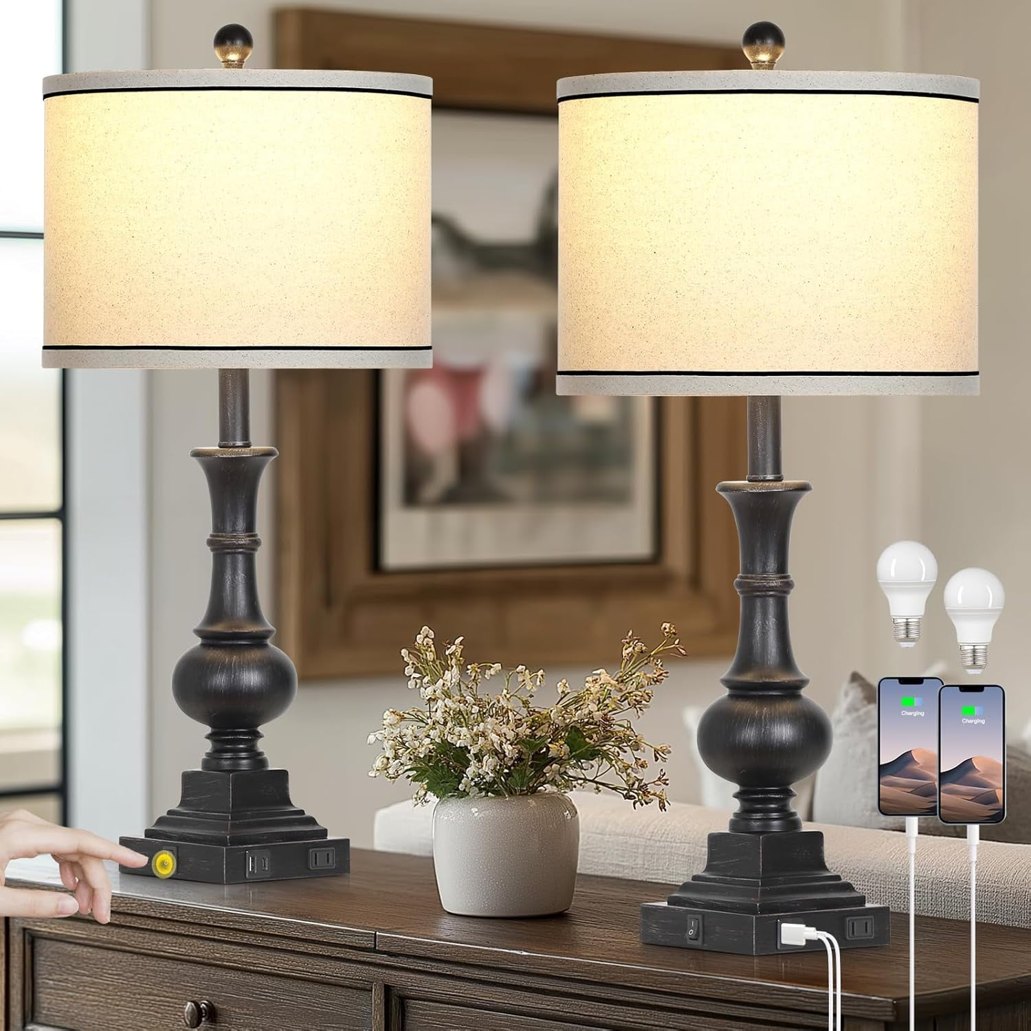 Farmhouse Lamps Set of 2, Vintage Rustic Black Table Lamps with USB A+C ...