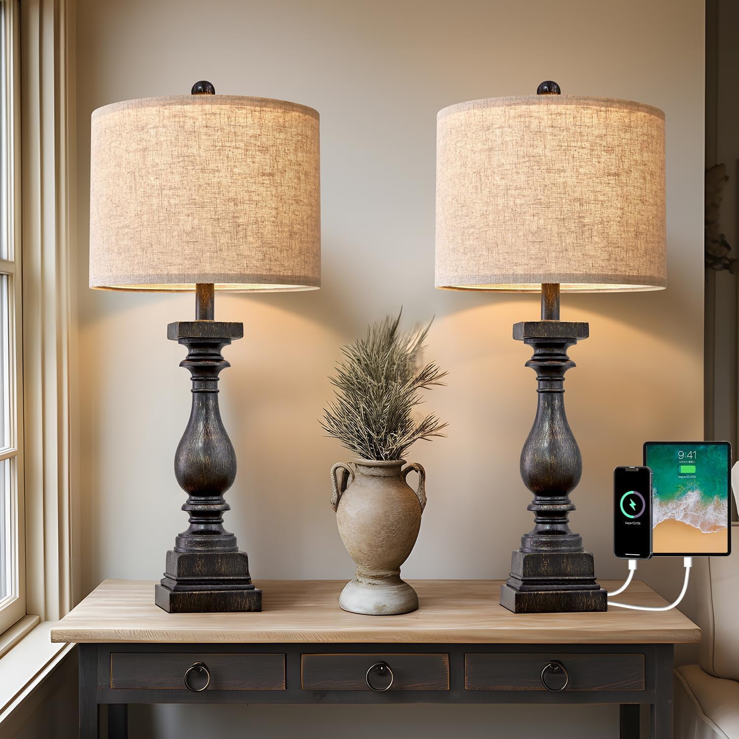 Farmhouse Lamps (Set of 2) – 27" Vintage Style w/ USB-A+C – for Bedroom ...