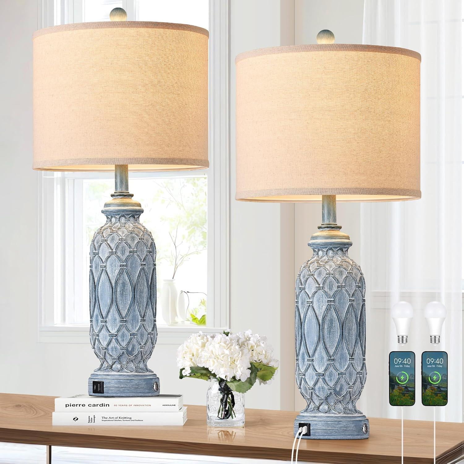 Farmhouse Lamps for Bedroom Set of 2, 28" Rustic Lamps for Living Room ...