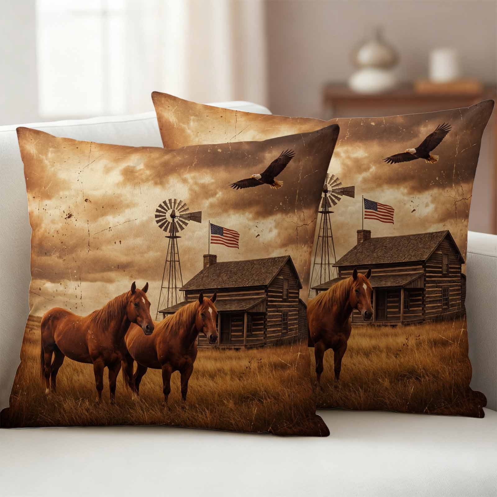 Farmhouse Landscape Pillow Covers 2 Pack Western Country Farm Horses ...