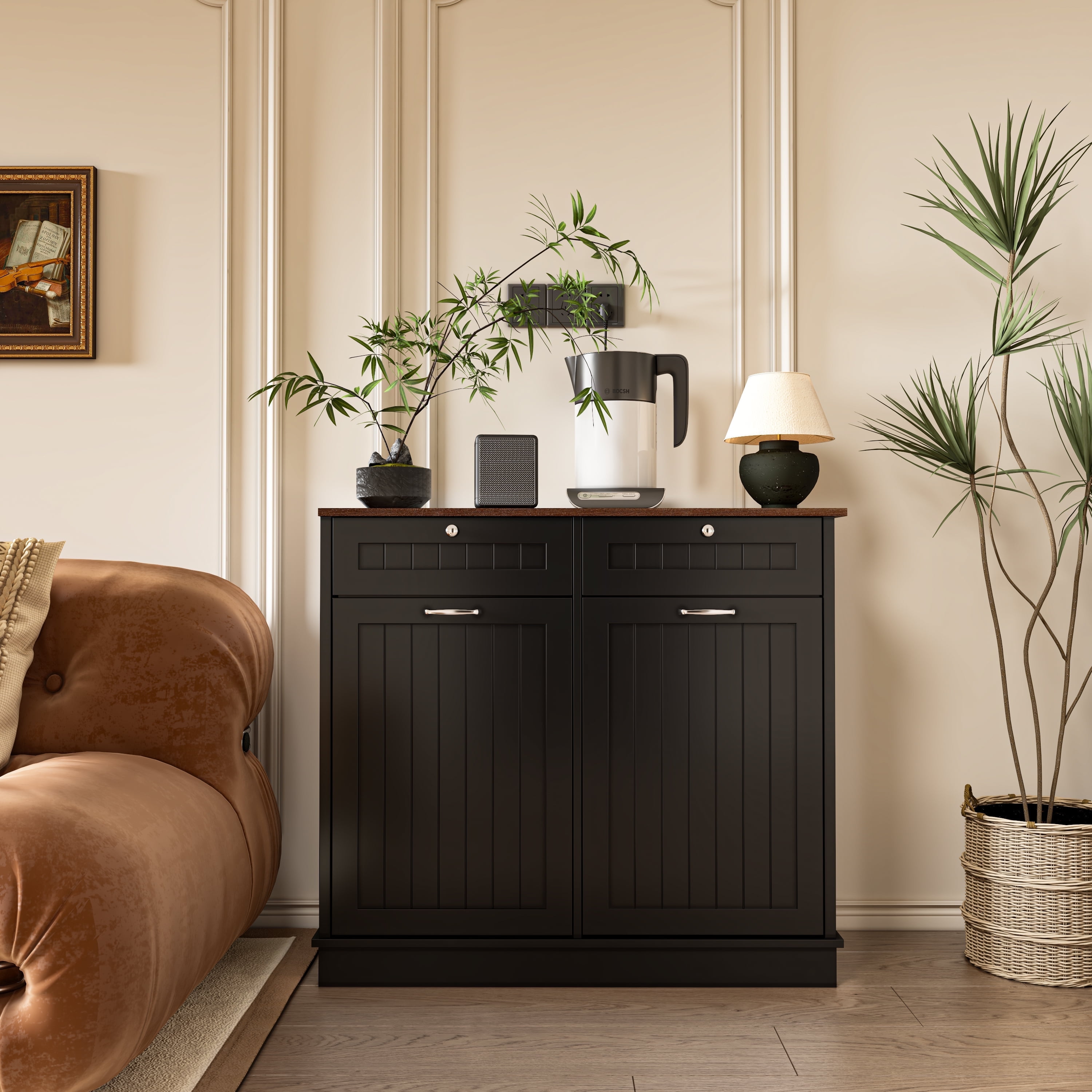 40 in. W x 14 in. D x 36 in. H Floor Trash Can Cabinet in Black with ...