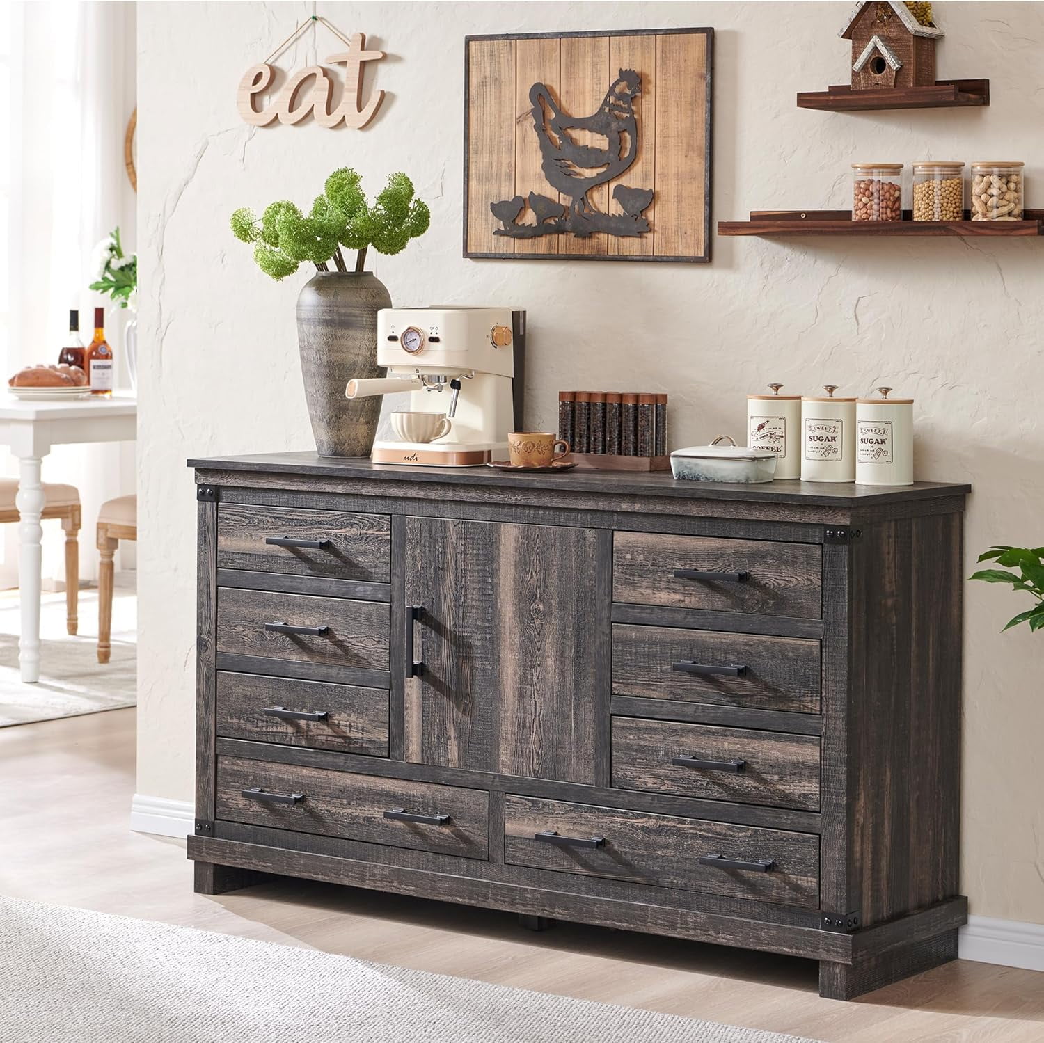 Farmhouse Large Buffet Sideboard Cabinet with 8 Drawers and Adjustable ...