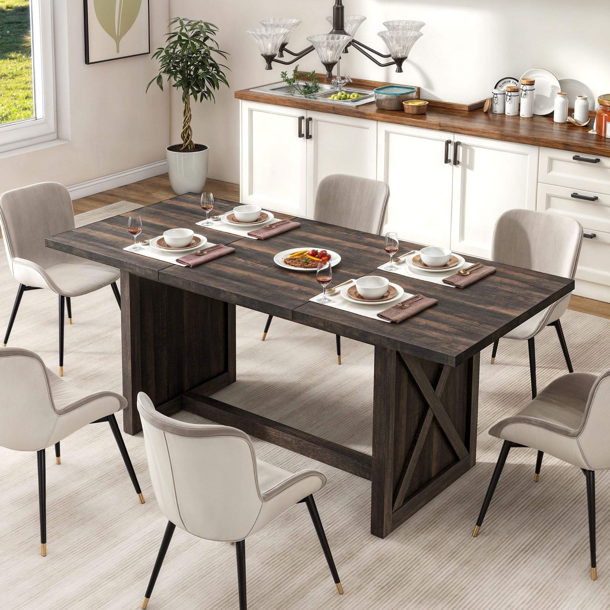 Farmhouse Large Dining Table for 6-8 People, 70.8 Inch Rectangular Wood ...