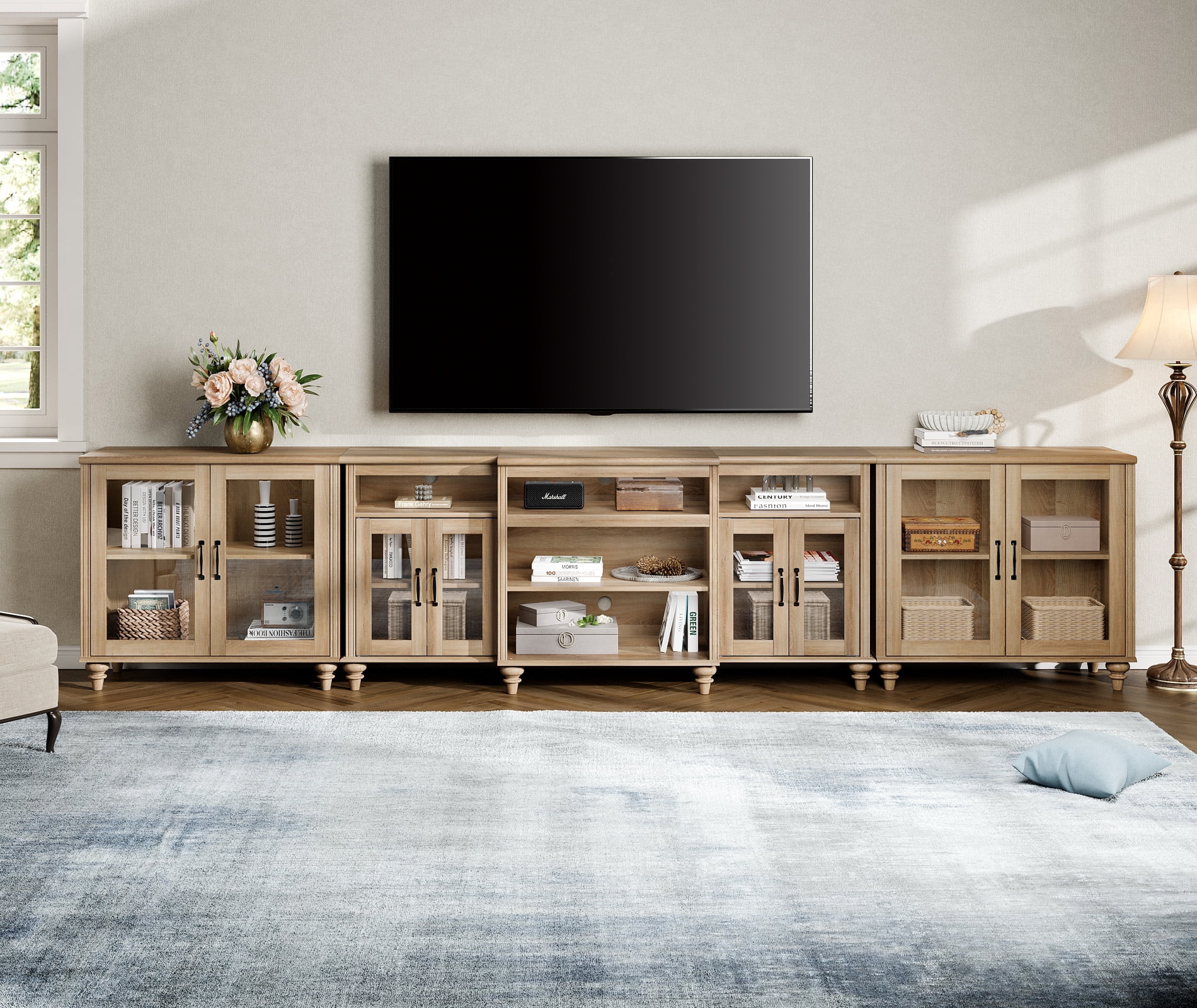 Farmhouse Large TV Stand for TVs Up to 115 inch with Glass Doors, Wood ...