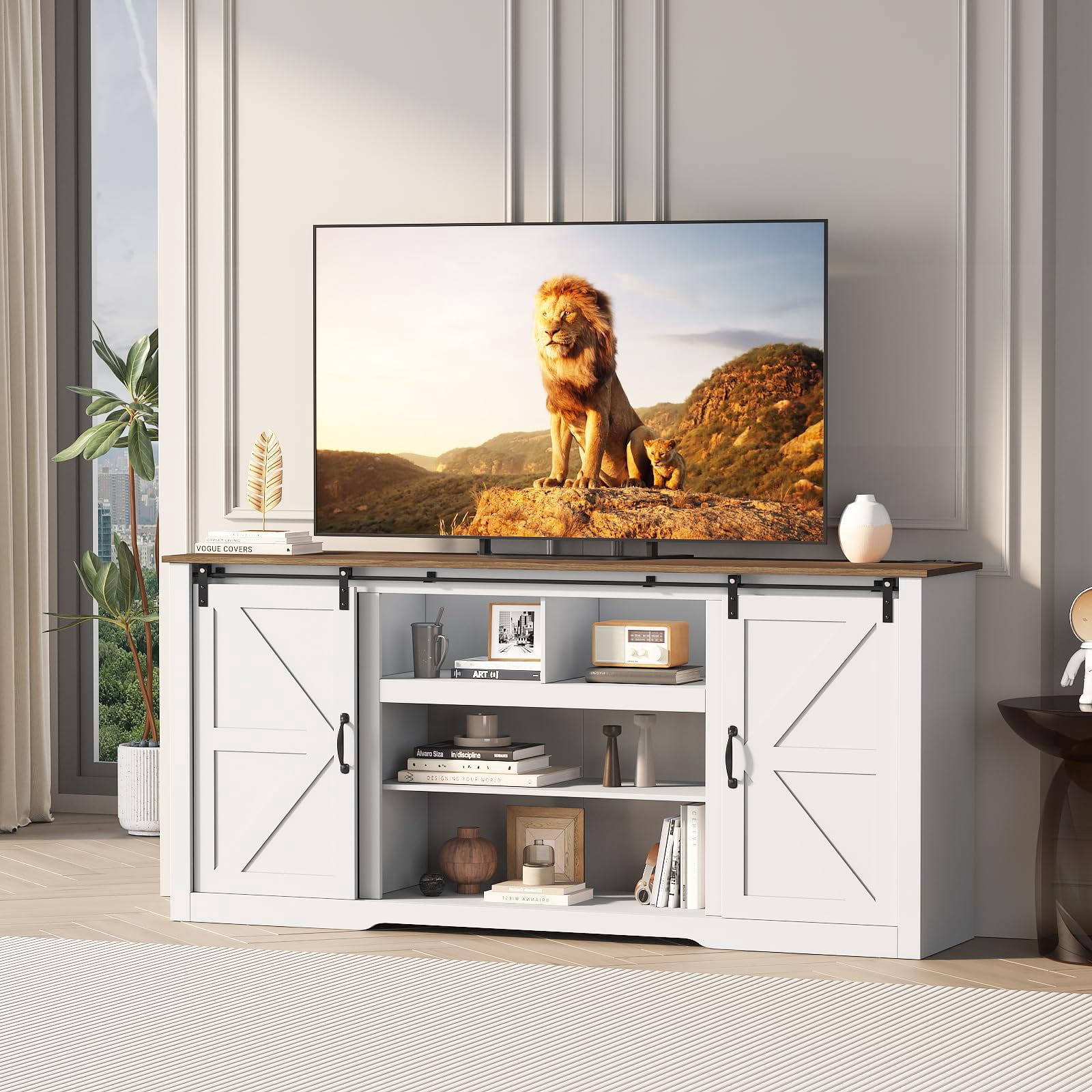Farmhouse Large TV Stands 70", Entertainment Center with Sliding Doors ...