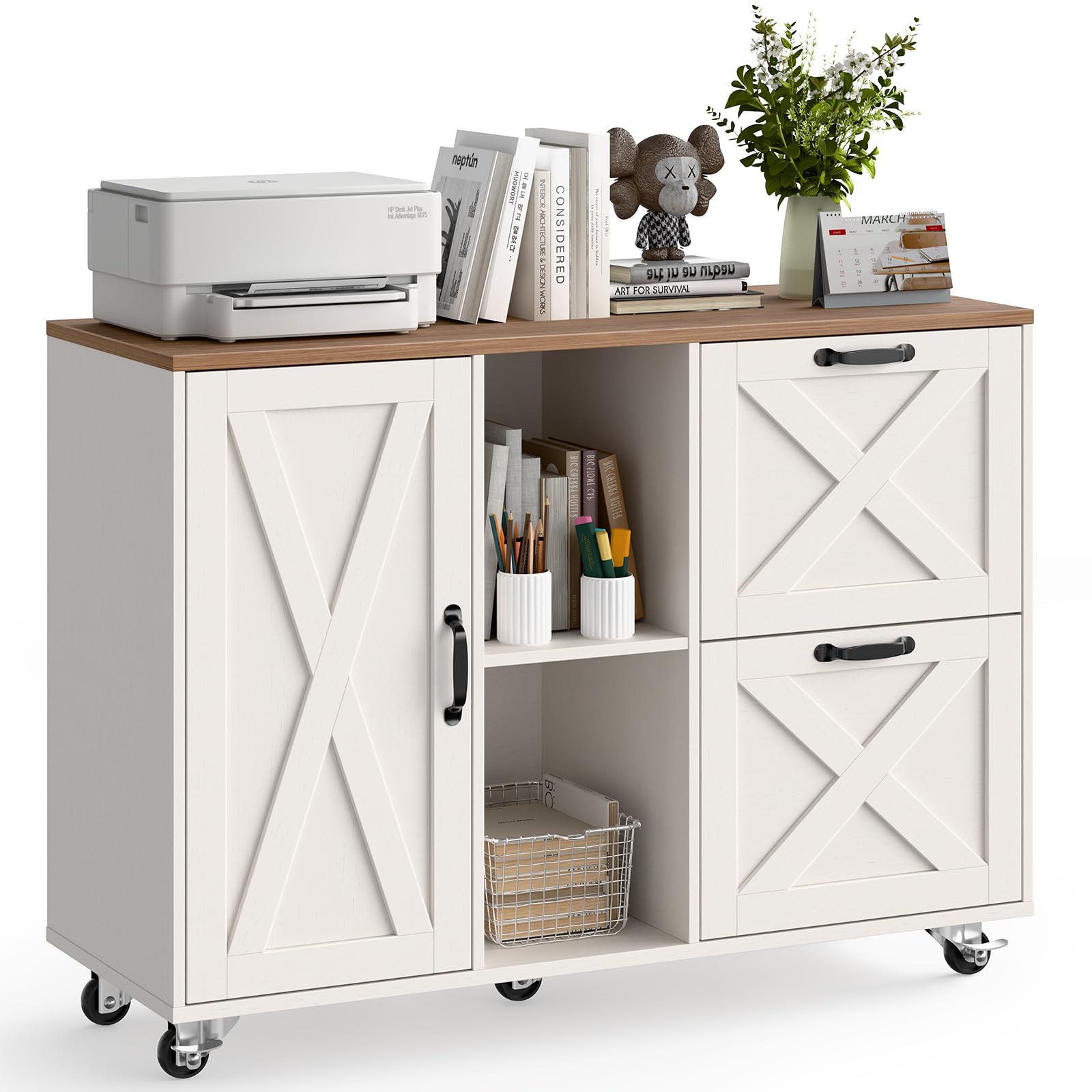 Farmhouse Lateral File Cabinet 2 Drawers & Door, Rolling Storage Unit ...