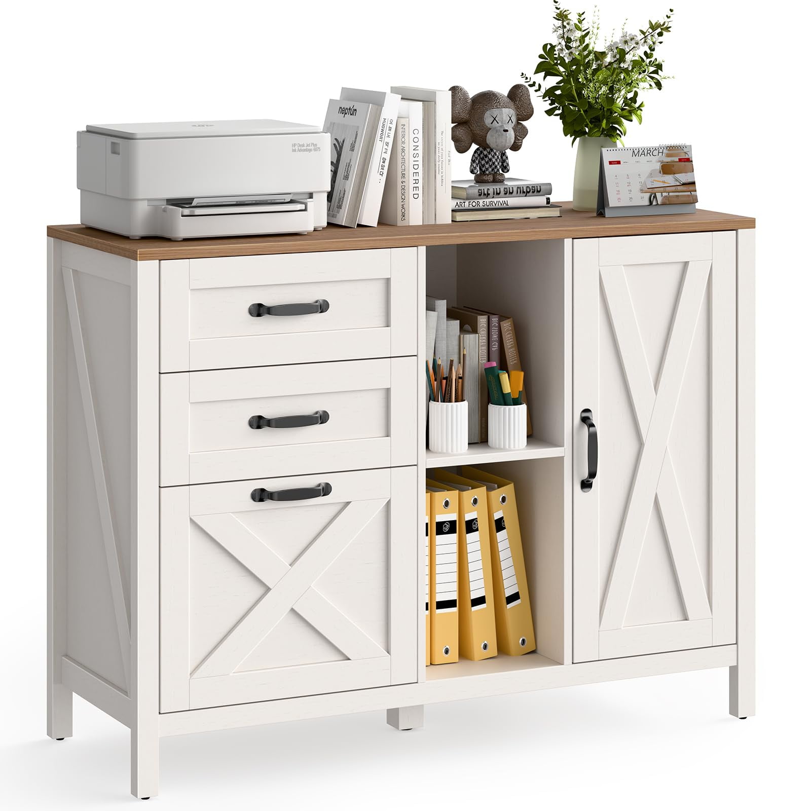 Farmhouse Lateral File Cabinet with 3 Drawers and Door, Adjustable ...