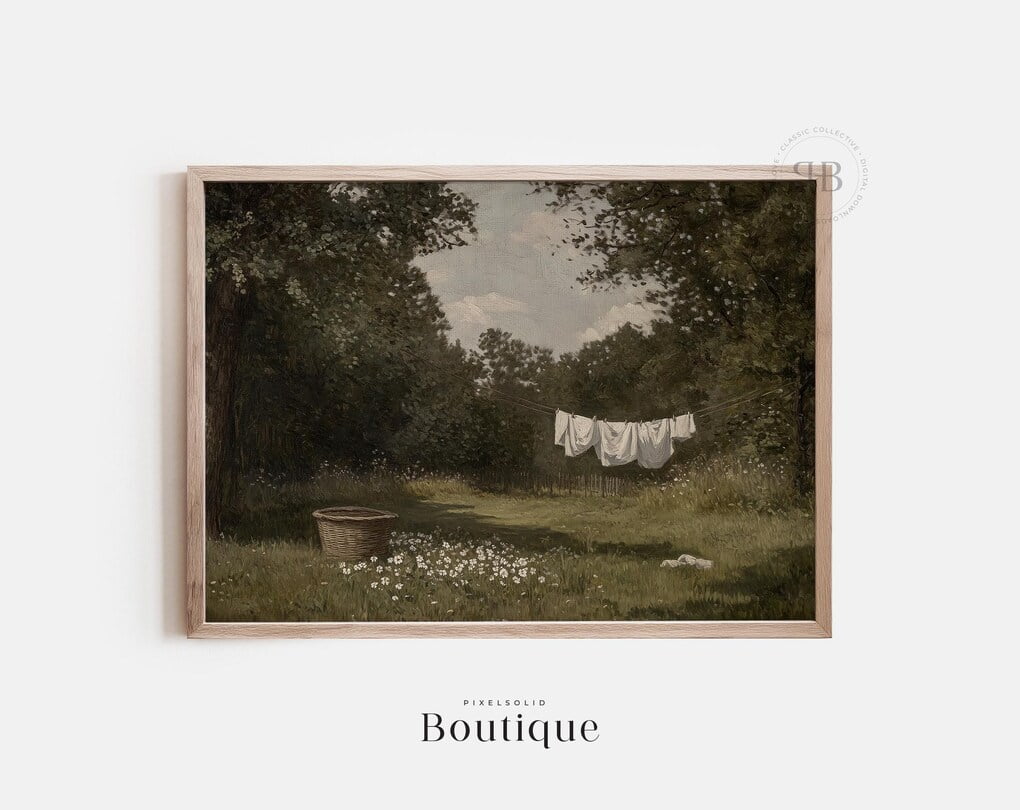 Farmhouse Laundry Line Art Print, Country Meadow Wall Decor, Rustic ...