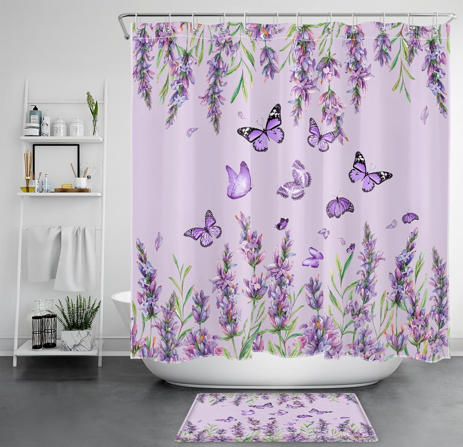 Farmhouse Lavender Shower Curtain Sets with Rugs,Rustic Purple Floral ...