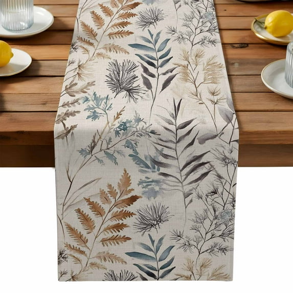 Farmhouse Leaves Cotton Linen Table Runner for Dining Kitchen, Pastoral Vintage Flowers ...