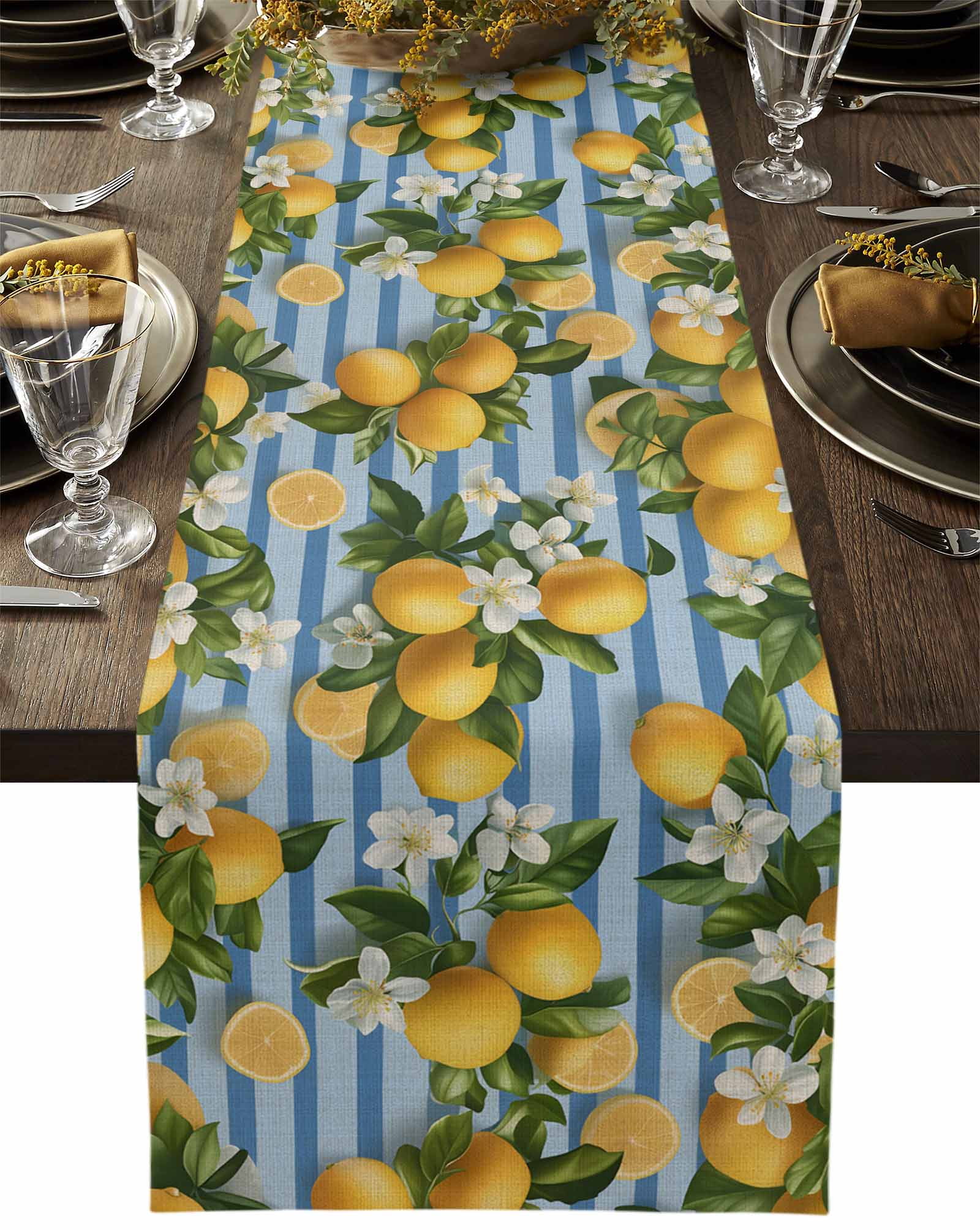 Farmhouse Lemon Blue Stripes Table Runners 13x36 Inches Long Linen ...