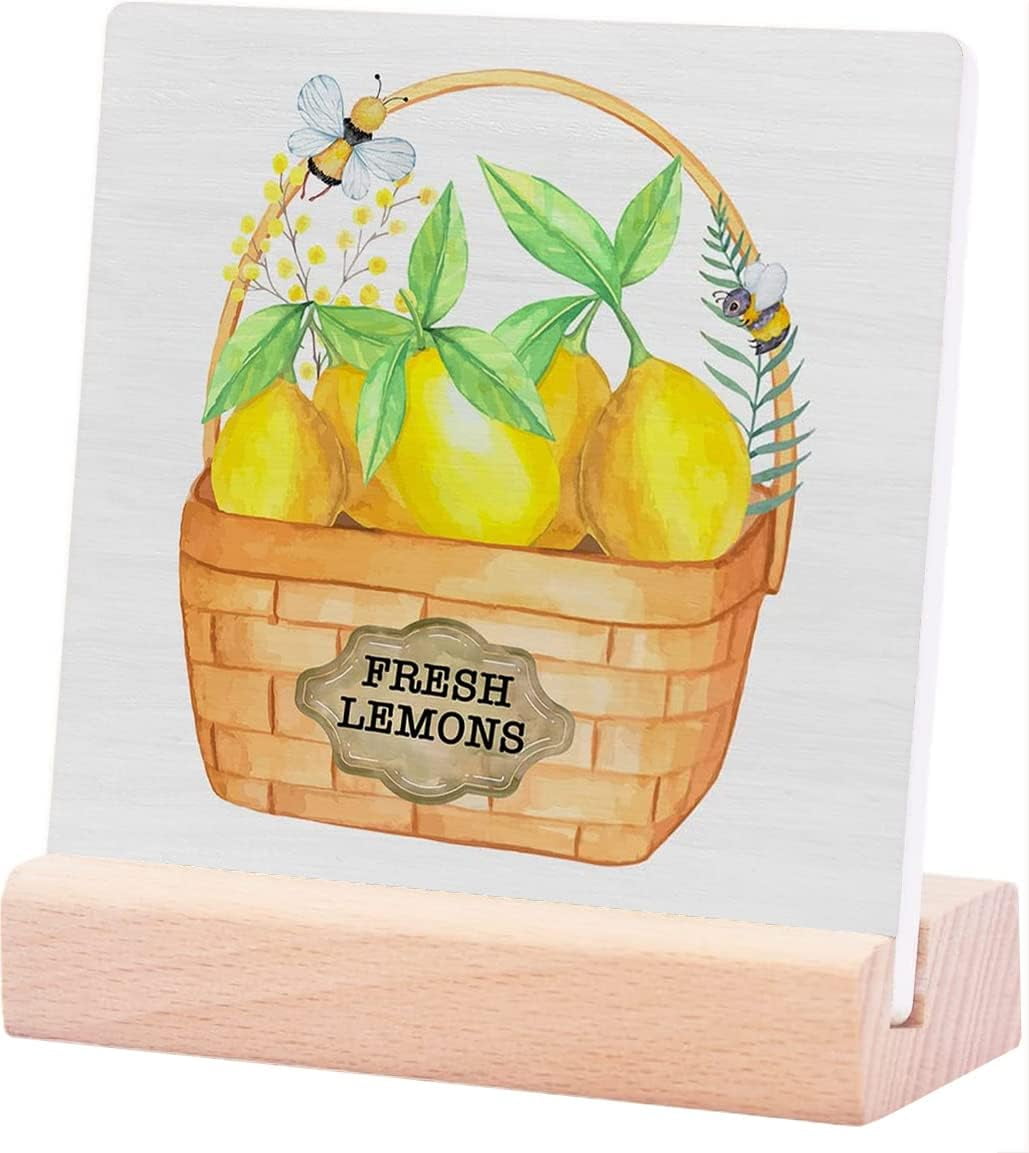 Farmhouse Lemon Ceramic Table Plaque with Wooden Stand Desk Decorations ...
