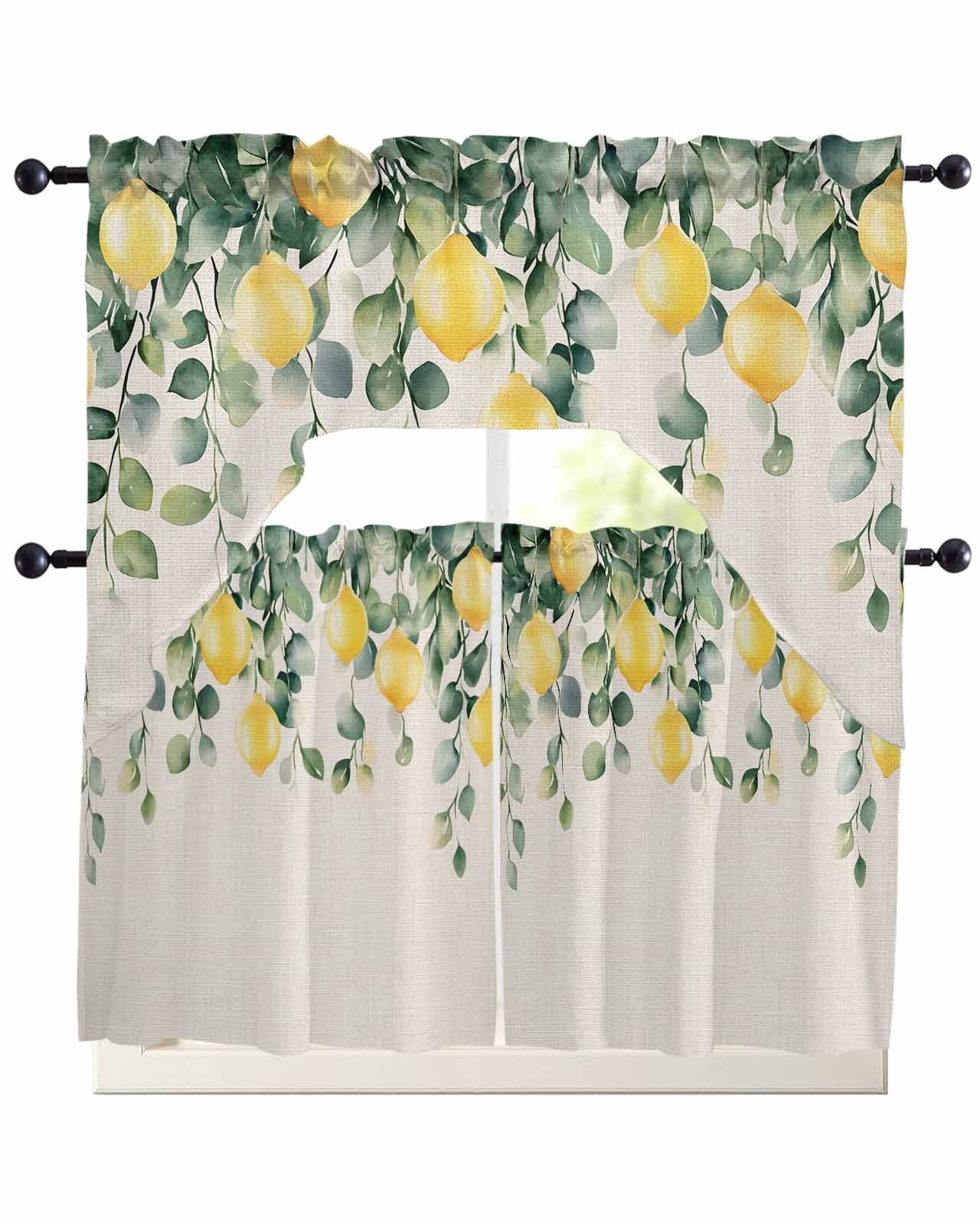 Farmhouse Lemon Kitchen Curtains Swag Valance and Tier Curtains Set 24 Inch Length, Vintage ...