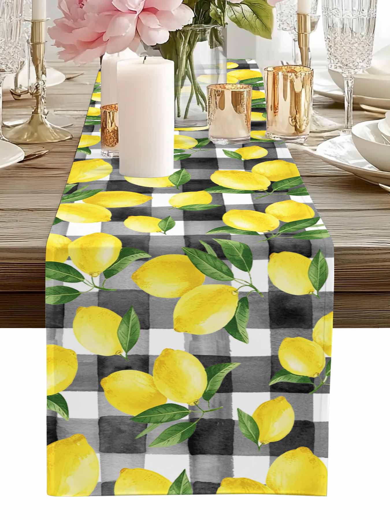 Farmhouse Lemon Leaf Table Runner-60 Inch Long Rustic Fruit Black White ...