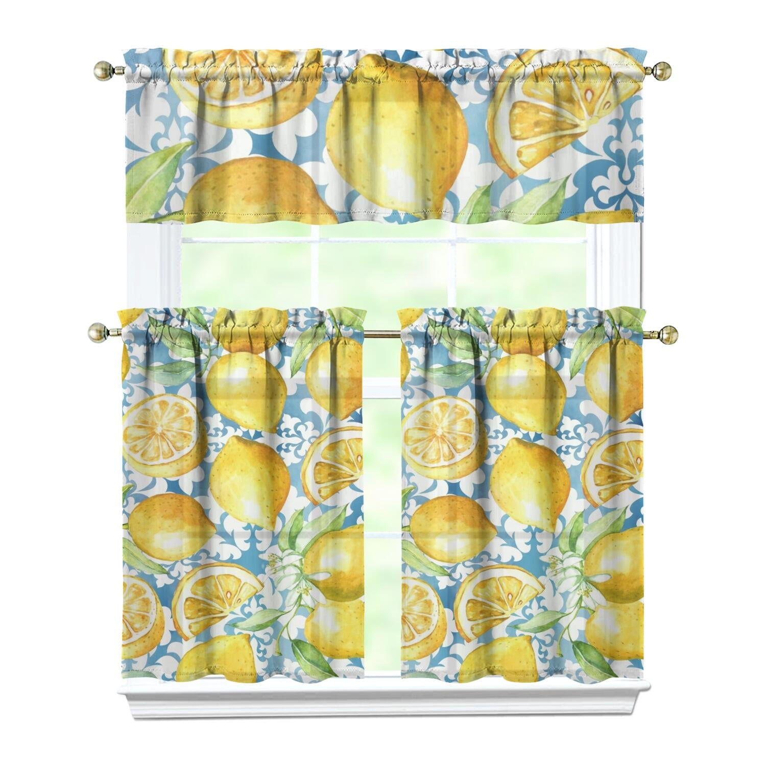 Farmhouse Lemon Print Kitchen Curtains - 3 Piece Semi-Sheer Set, Vintage Fruit Design for Modern ...
