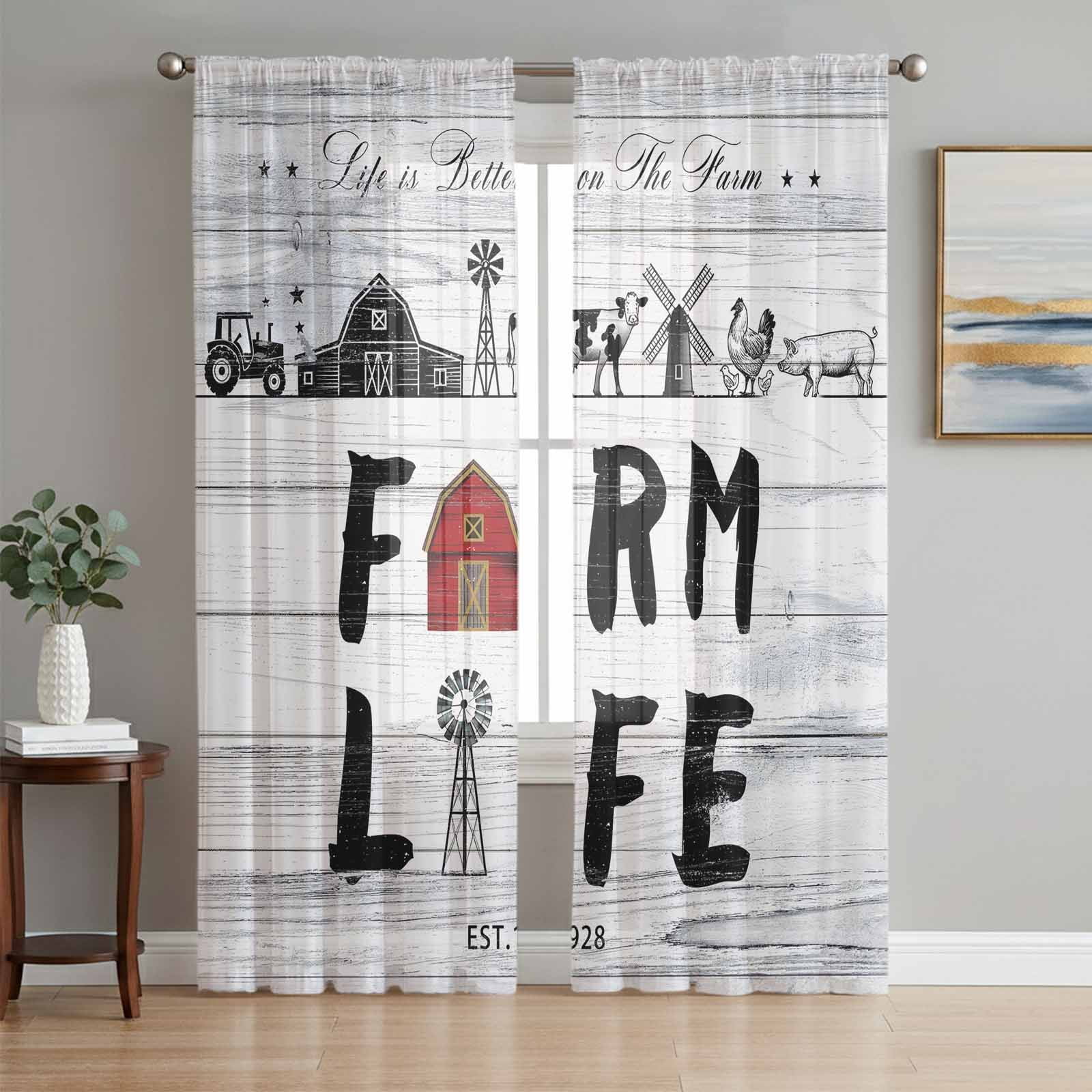 Farmhouse Life Semi Sheer Curtains 108 Inch Length 2 Panels Set, Barn ...