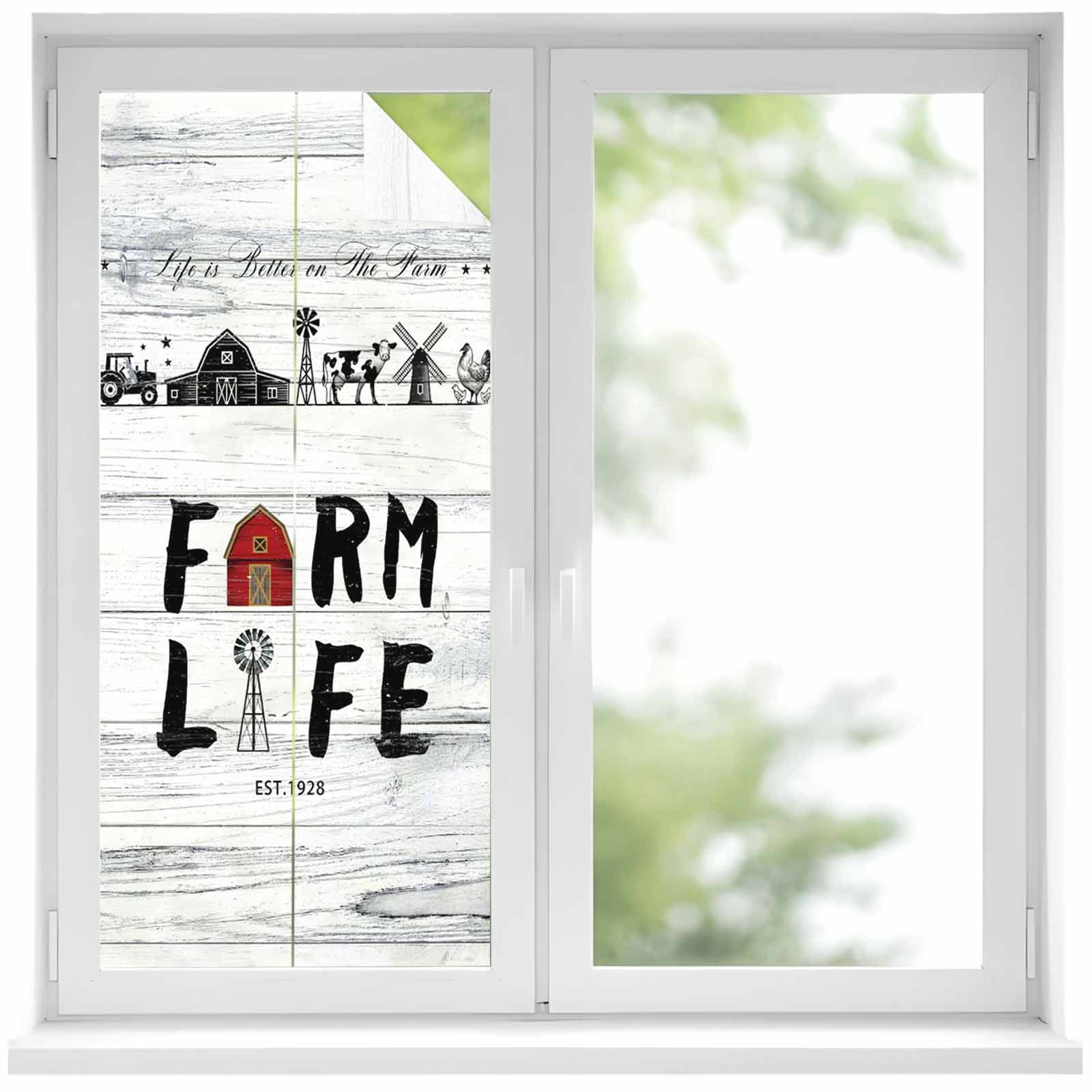 Farmhouse Life Window Privacy Film, Barn Animals Grey Vintage Wooden ...