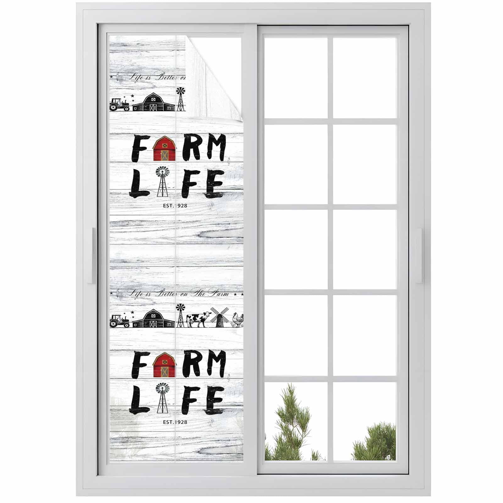 Farmhouse Life Window Privacy Film, Barn Animals Grey Vintage Wooden ...