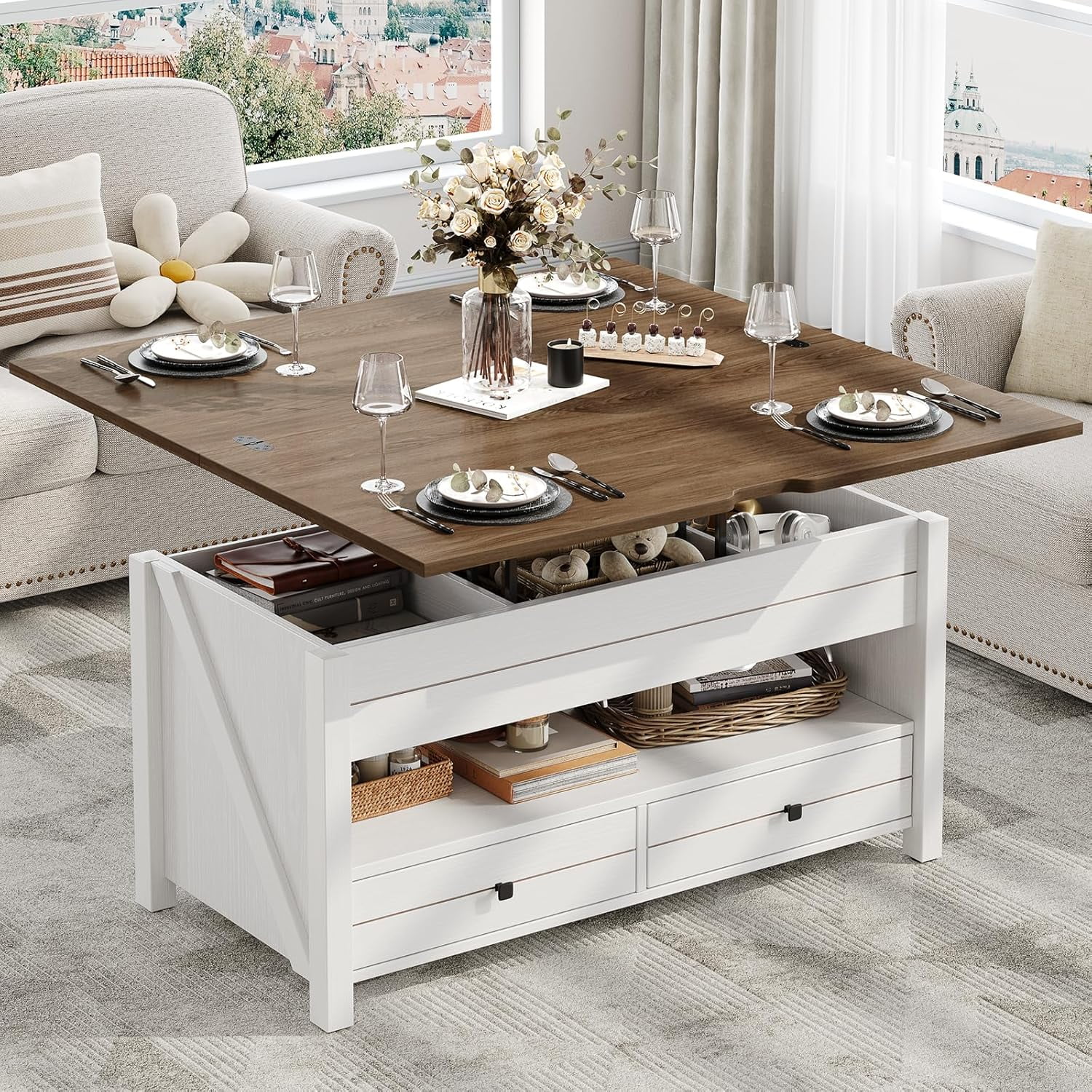 Farmhouse Lift Top Coffee Table with 2 Storage Drawers, Rustic Center ...