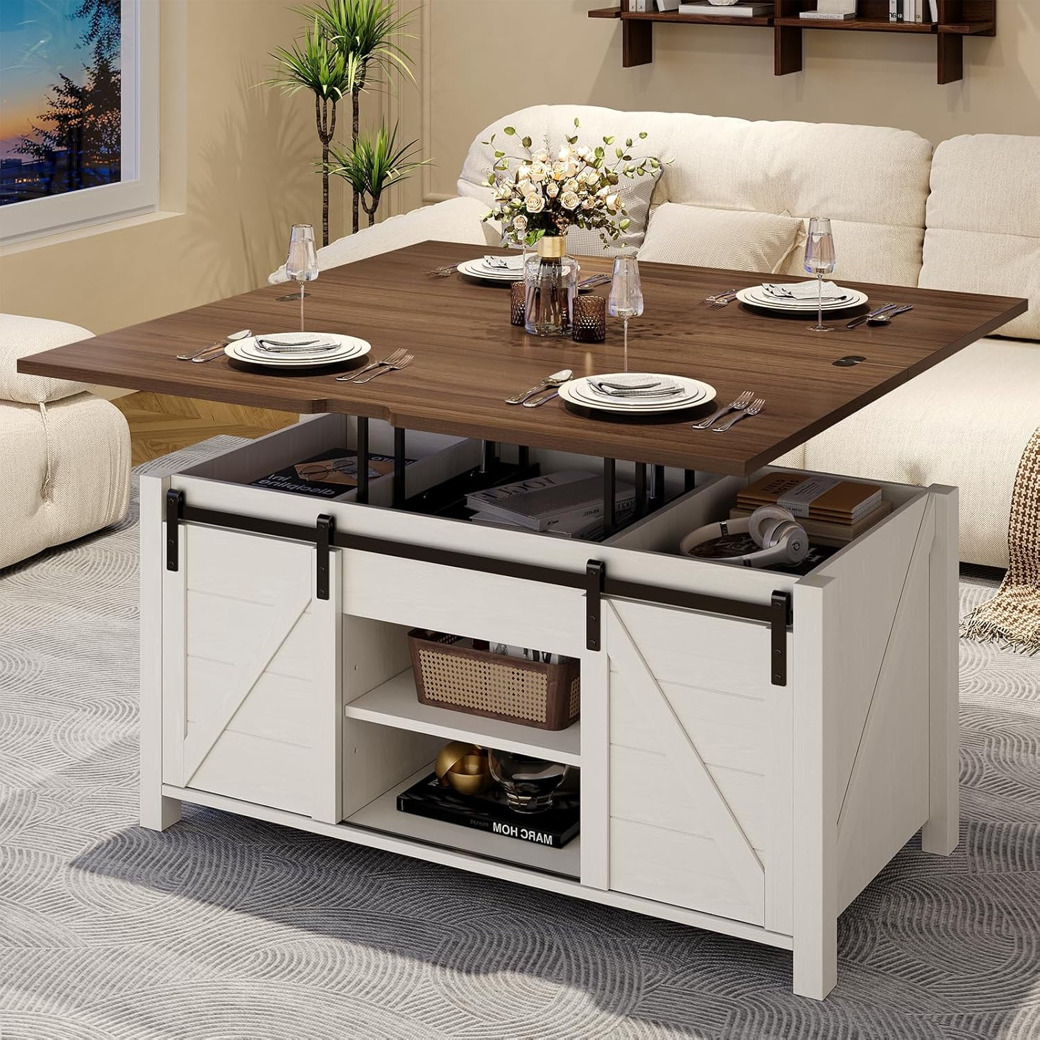 Farmhouse Lift Top Coffee Table with Sliding Barn Door,Rustic Center ...