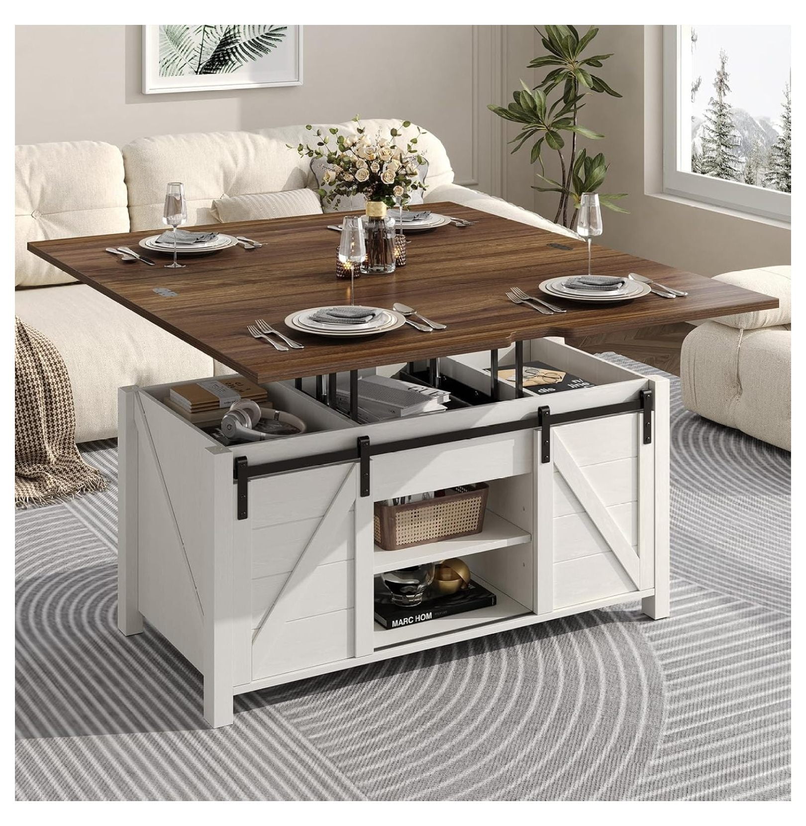 Farmhouse Lift Top Coffee Table with Sliding Barn Door,Rustic Center ...