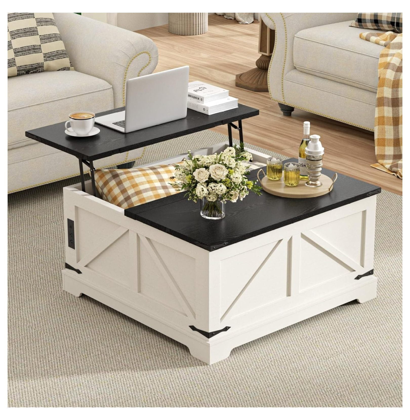 Farmhouse Lift Top Coffee Table with Storage, 35.4" W Wood Square Center Table with Charging ...