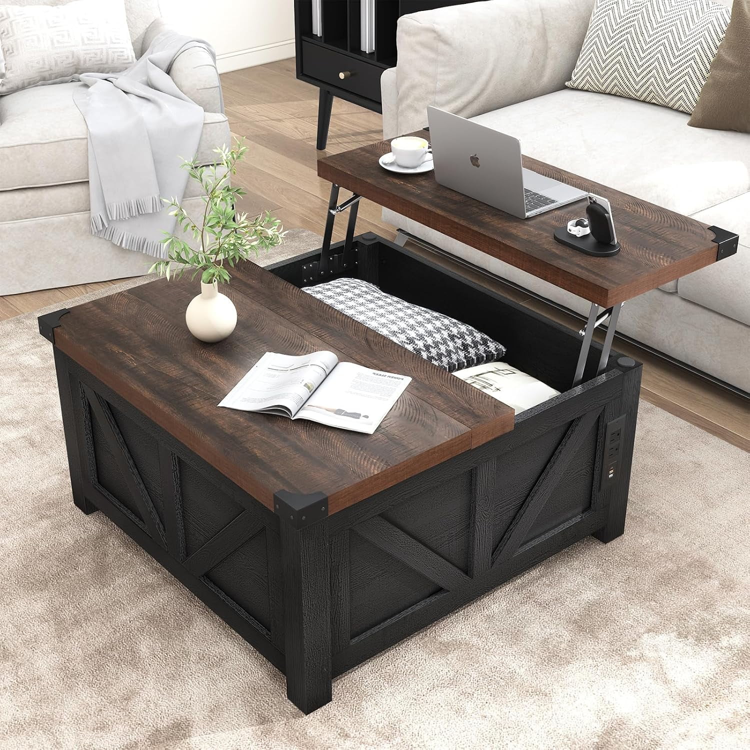 Farmhouse Lift Top Coffee Table with Storage, Wood Square Center Table ...