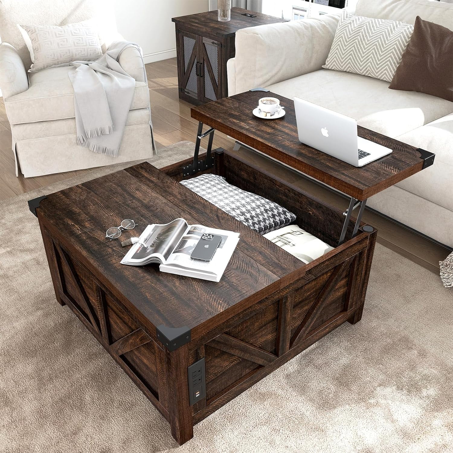 Farmhouse Lift Top Coffee Table with Storage Wood Square Center Table ...