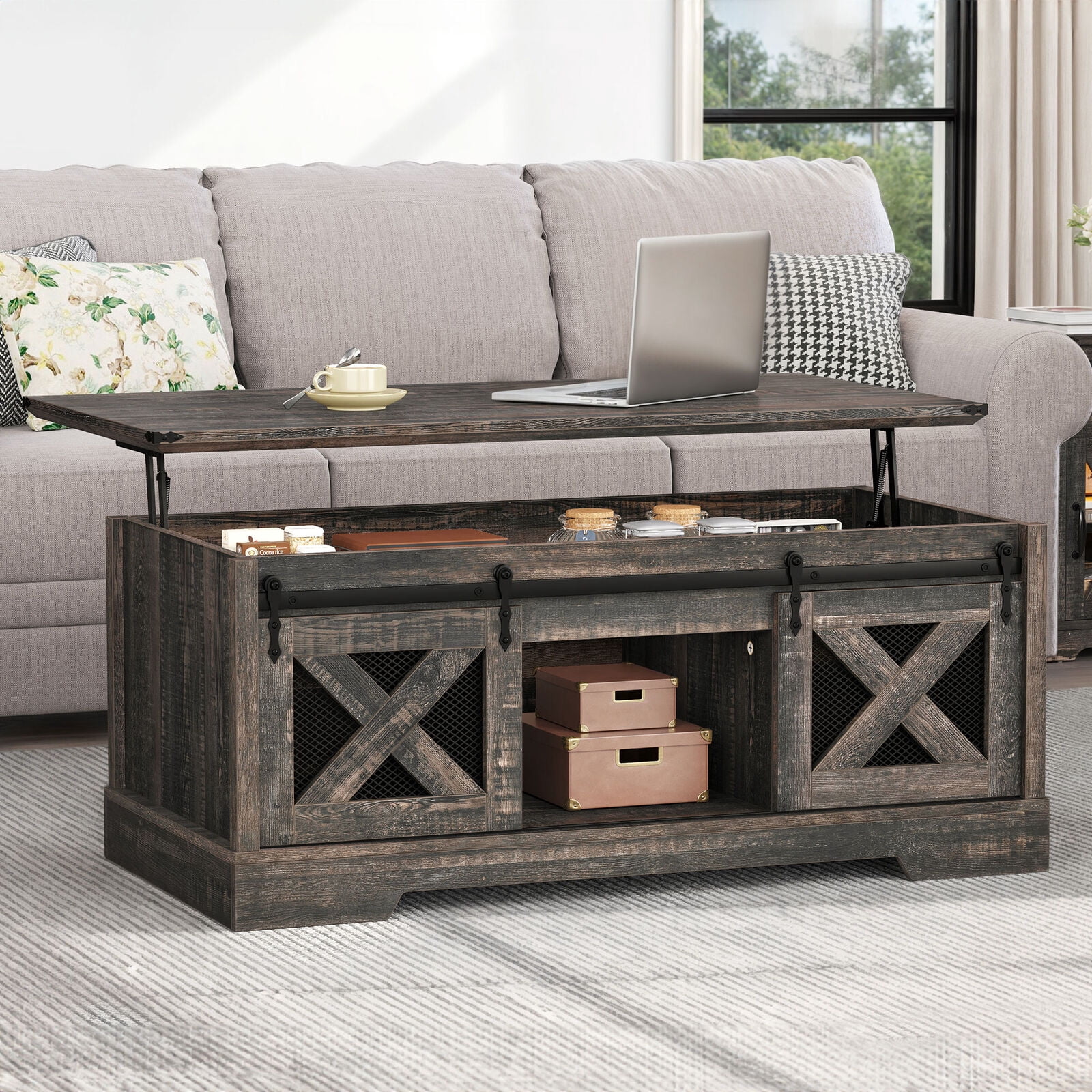 Farmhouse Lift Top Coffee Table with Storage & Sliding Barn Door Center ...