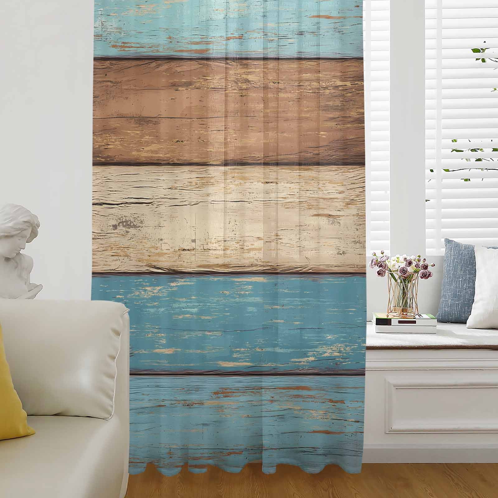 Farmhouse Light Blue Brown Semi Sheer Curtains Drapes for Living Room ...