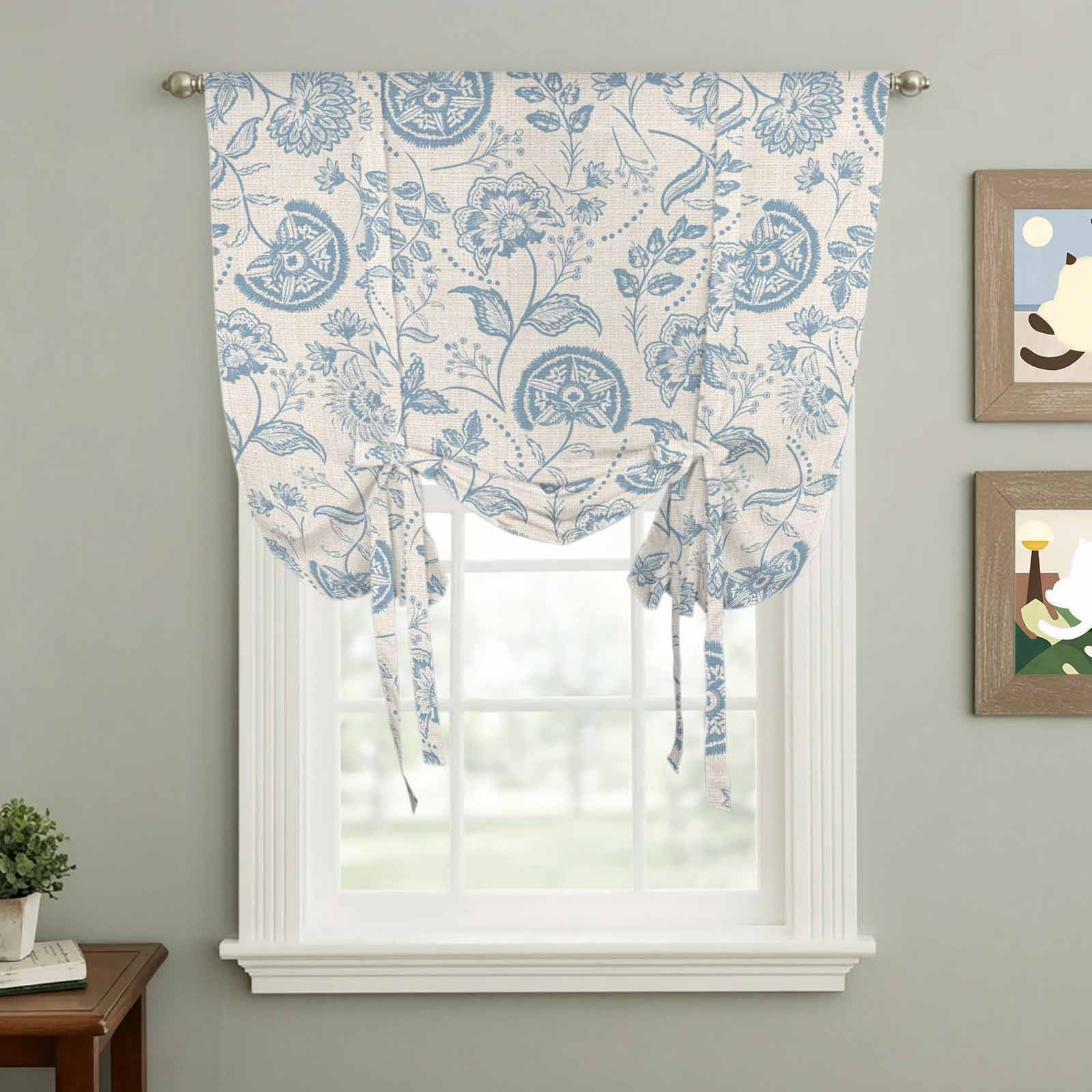 Farmhouse Light Blue Floral Tie Up Curtain 63 Inches Long, Linen Boho ...