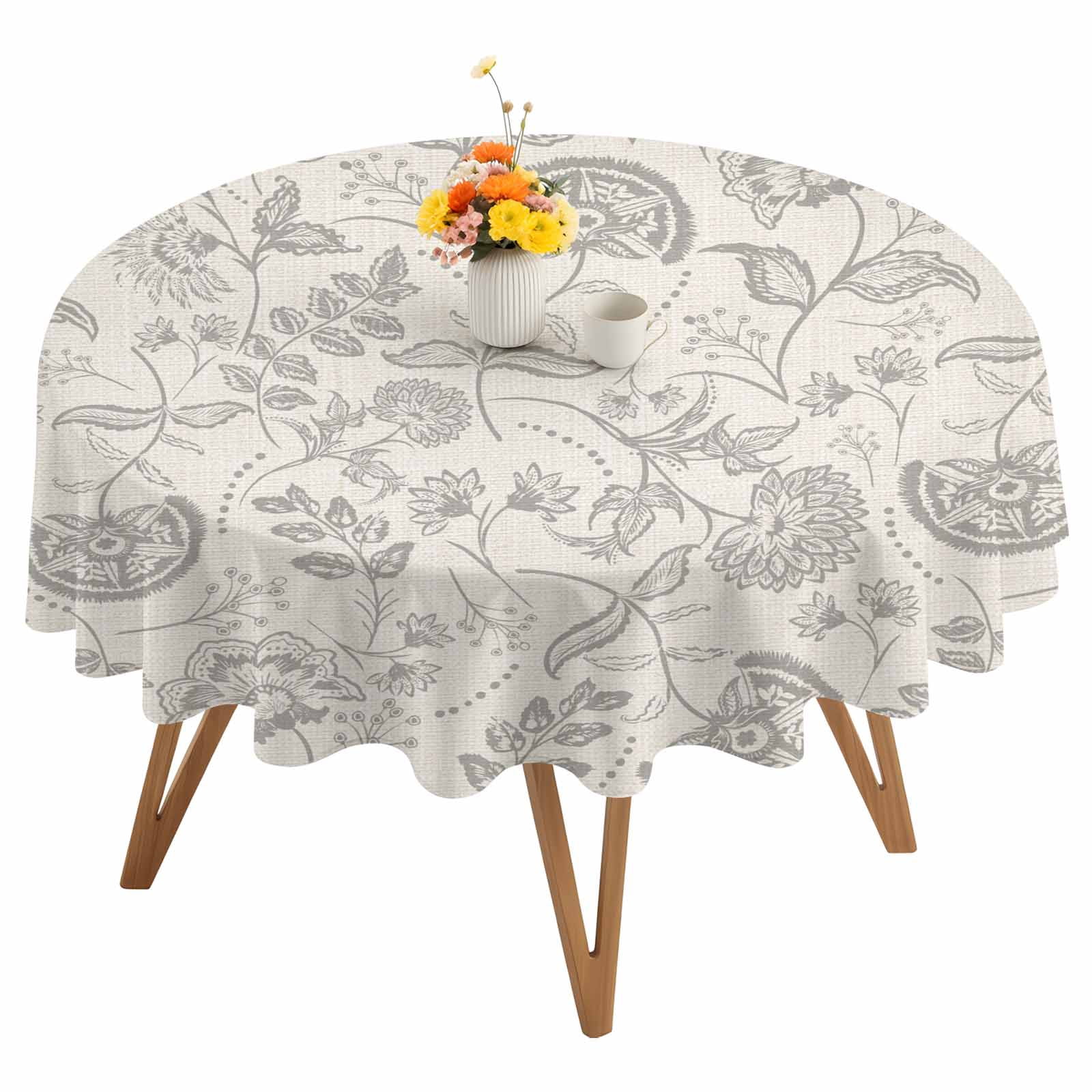 Farmhouse Light Grey Floral Round Tablecloth 54 inches Linen Boho ...