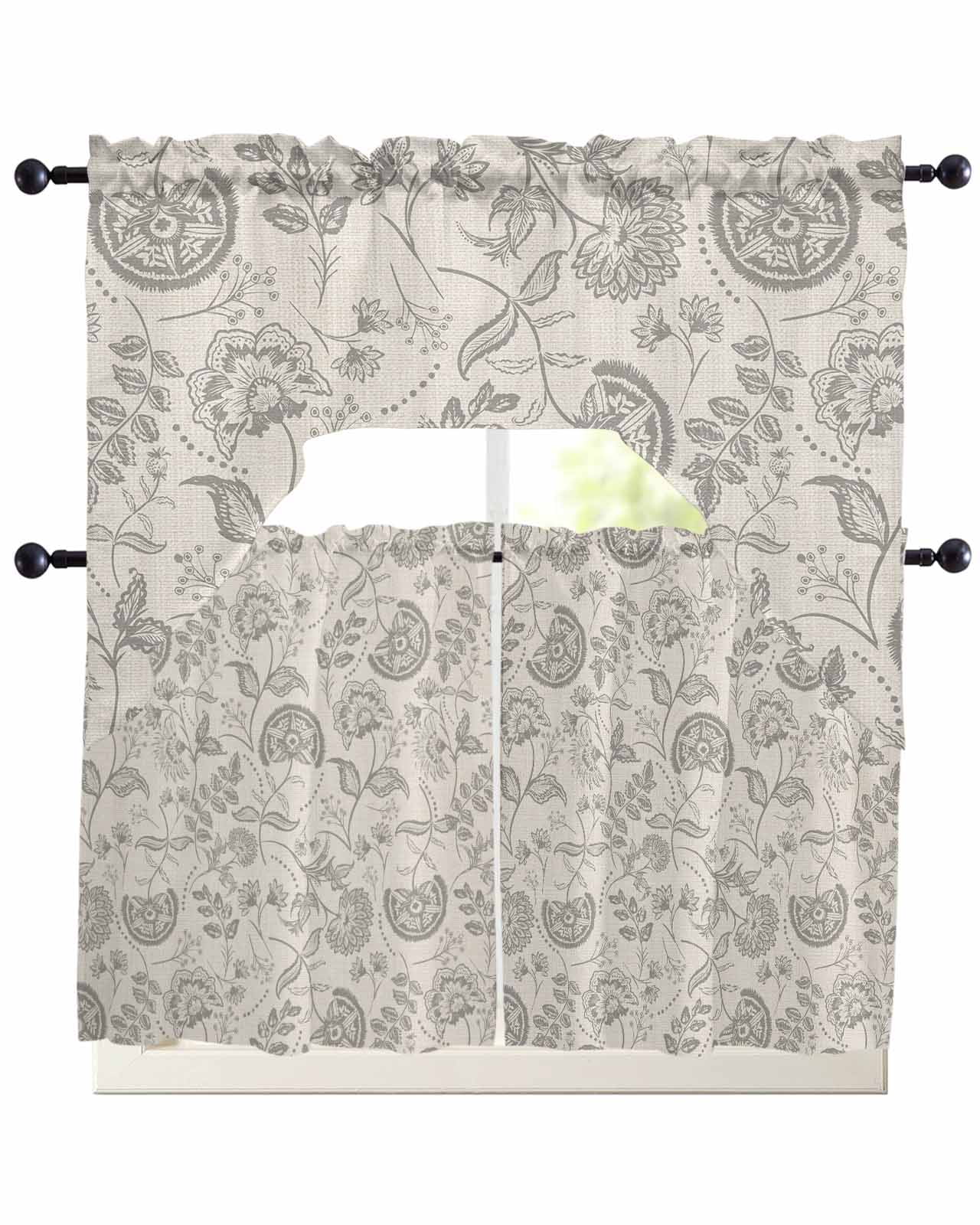 Farmhouse Light Grey Floral Swag Valance and Tier Curtains Set Linen ...