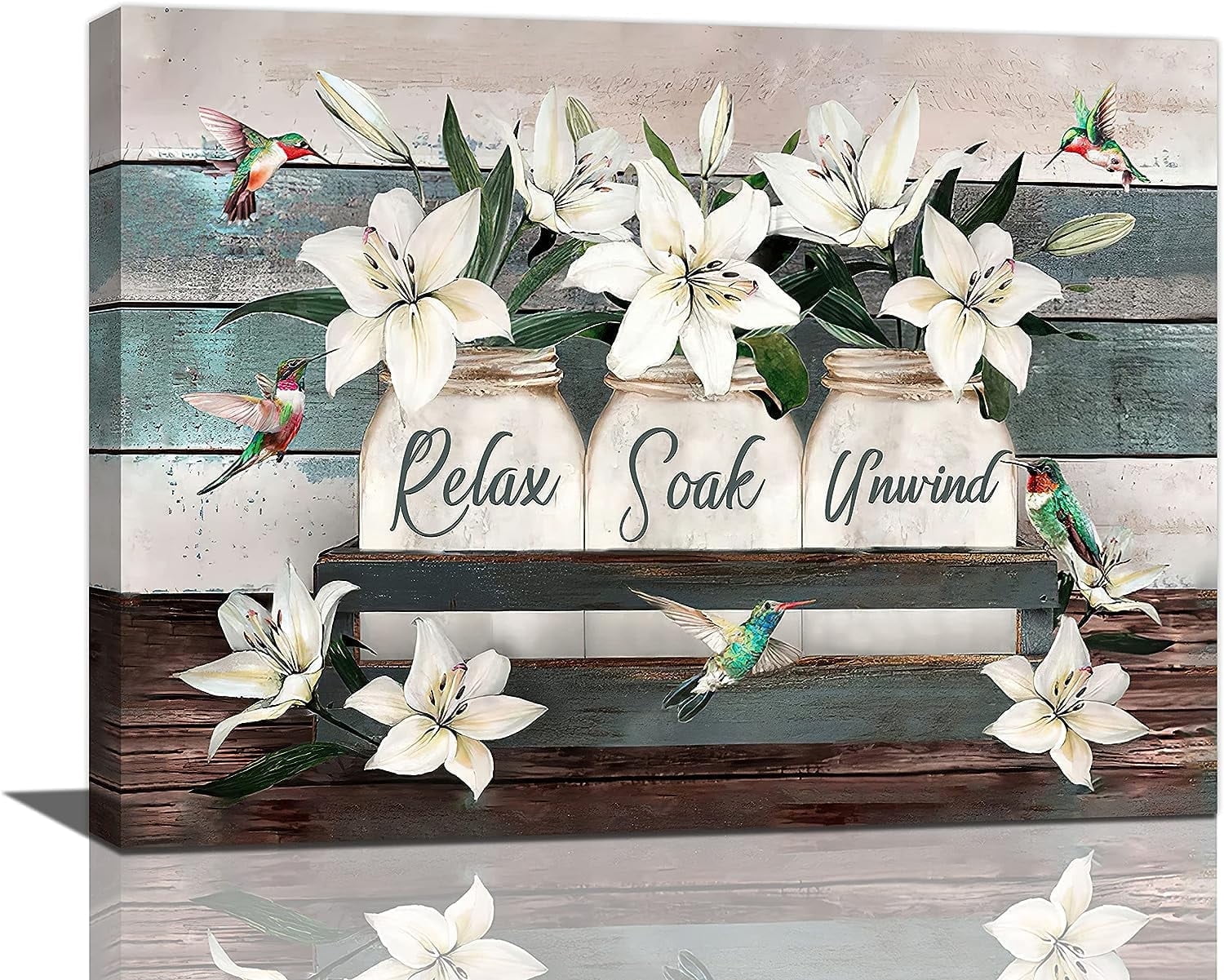 Farmhouse Lily Flower Bathroom Decor Wall Art Rustic Hummingbird Floral ...