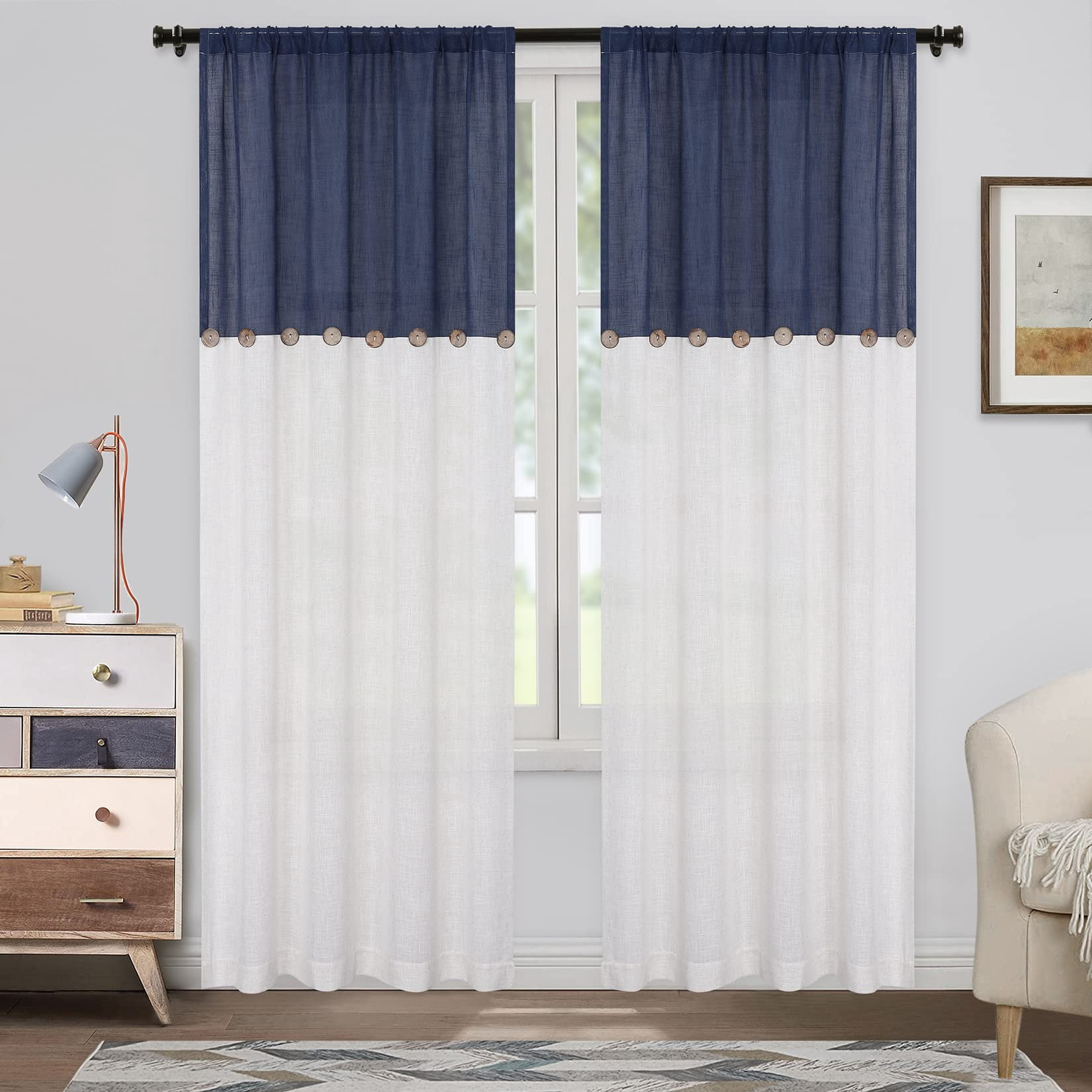 Farmhouse Linen Blend Curtains Rustic Country Color Block Curtain ...