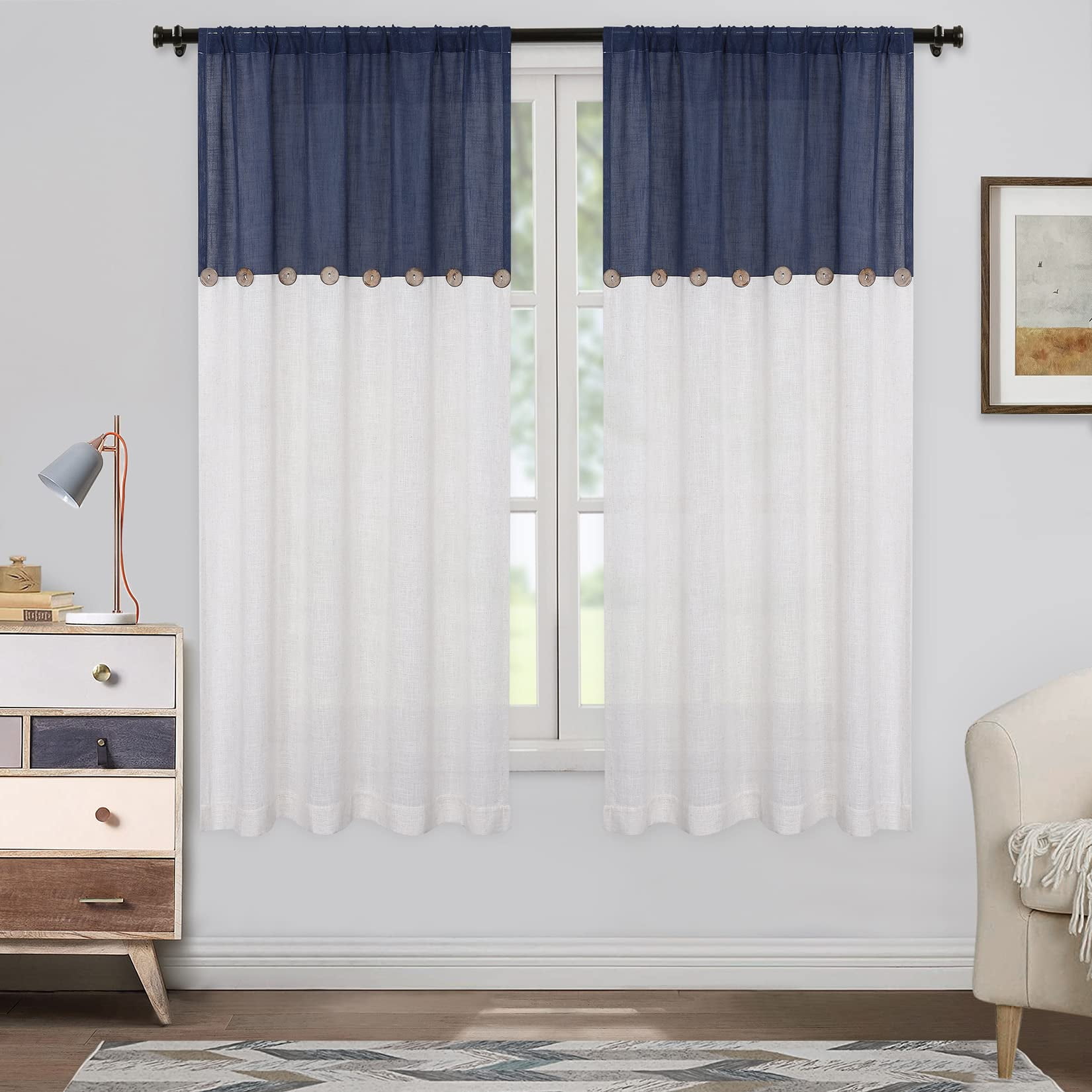 Farmhouse Linen Blend Curtains Rustic Country Color Block Curtain ...