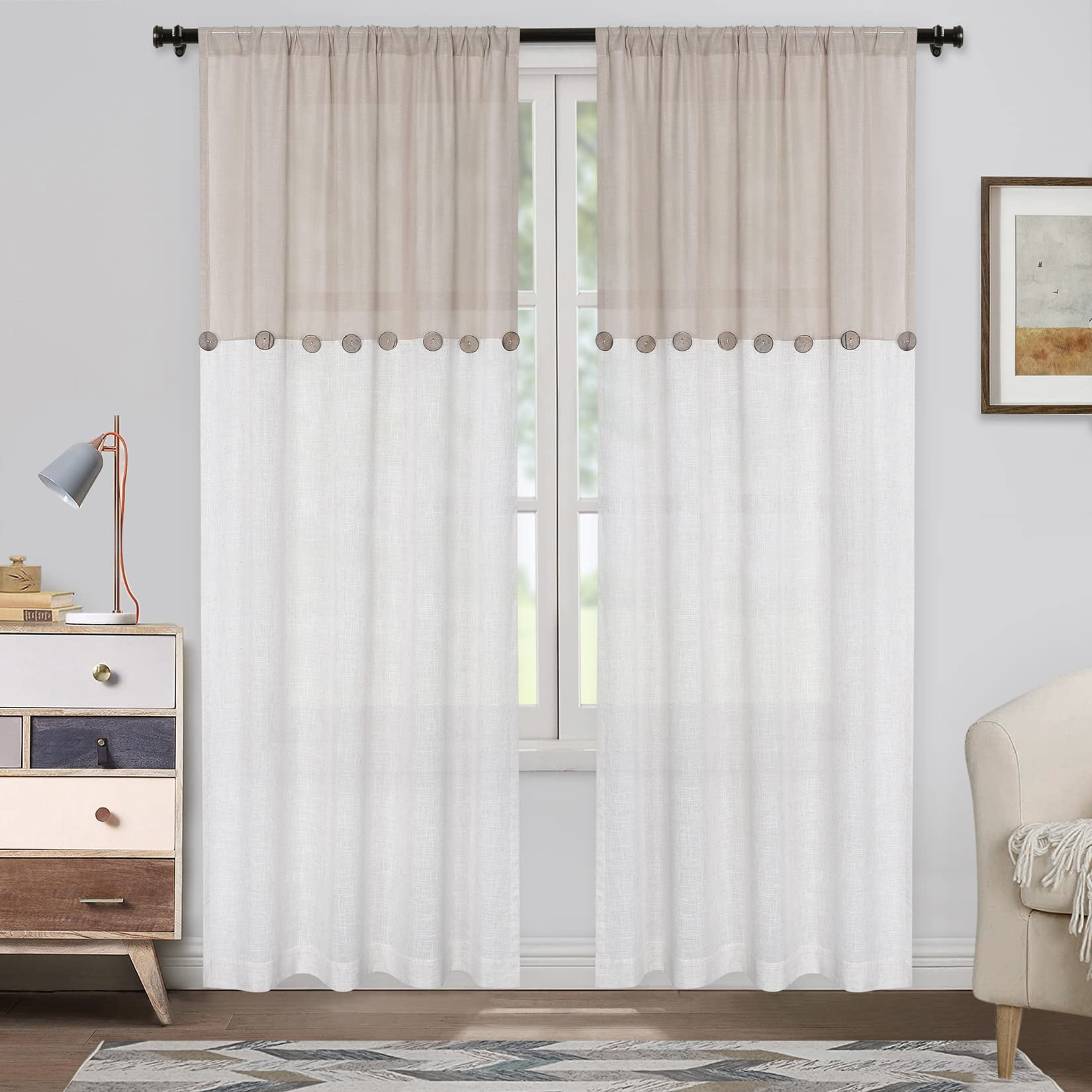 Farmhouse Linen Blend Curtains Rustic Country Color Block Curtain ...
