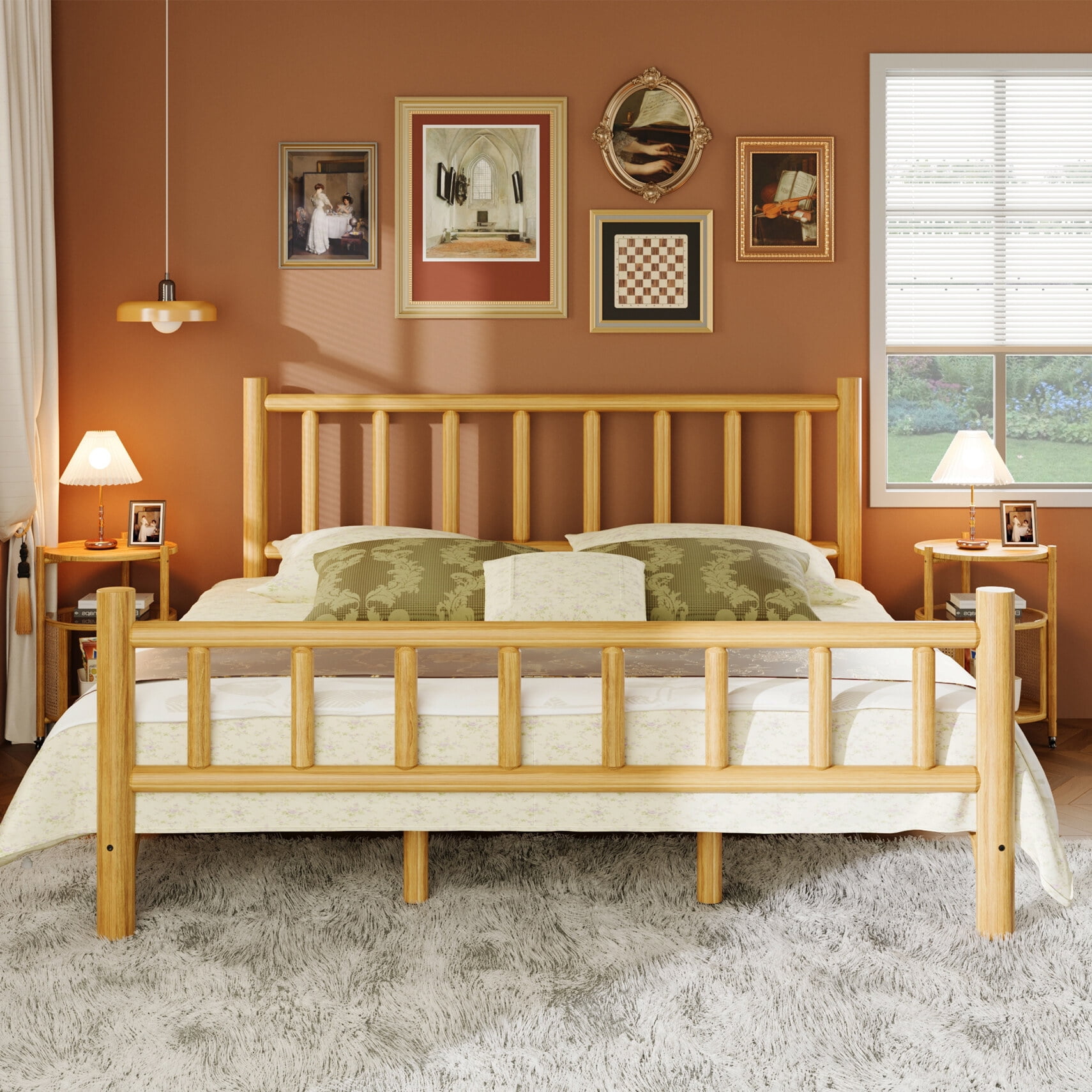 Farmhouse Log King Bed Frame with Headboard and Footboard, Cylinder ...