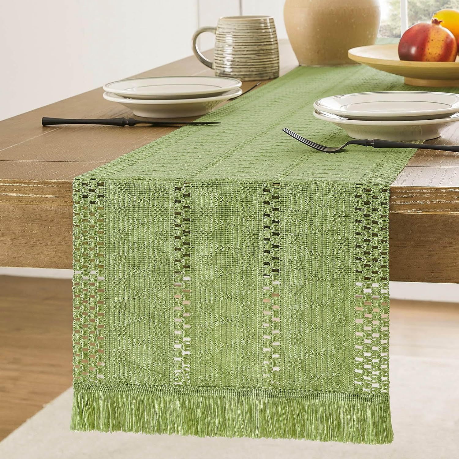 Farmhouse Macrame Table Runner with Tassels Natural Burlap Boho Table ...