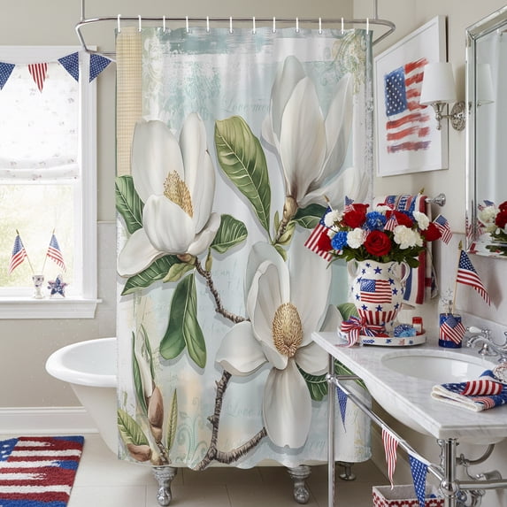Farmhouse Magnolia Flowers Shower Curtain for Bathroom, Retro Pastoral ...