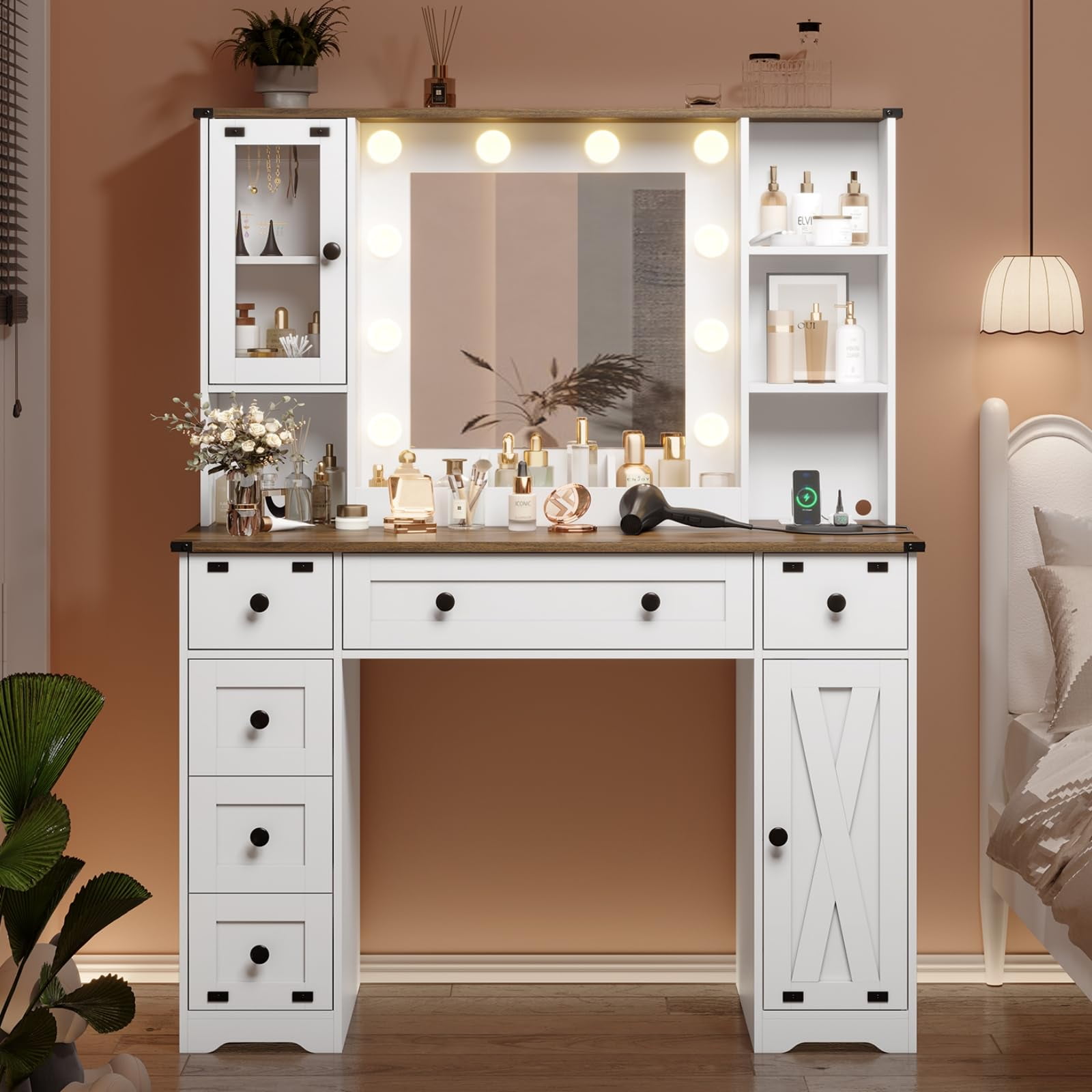 Farmhouse Makeup Desk with Charging Station, Dressing Table with 6 ...