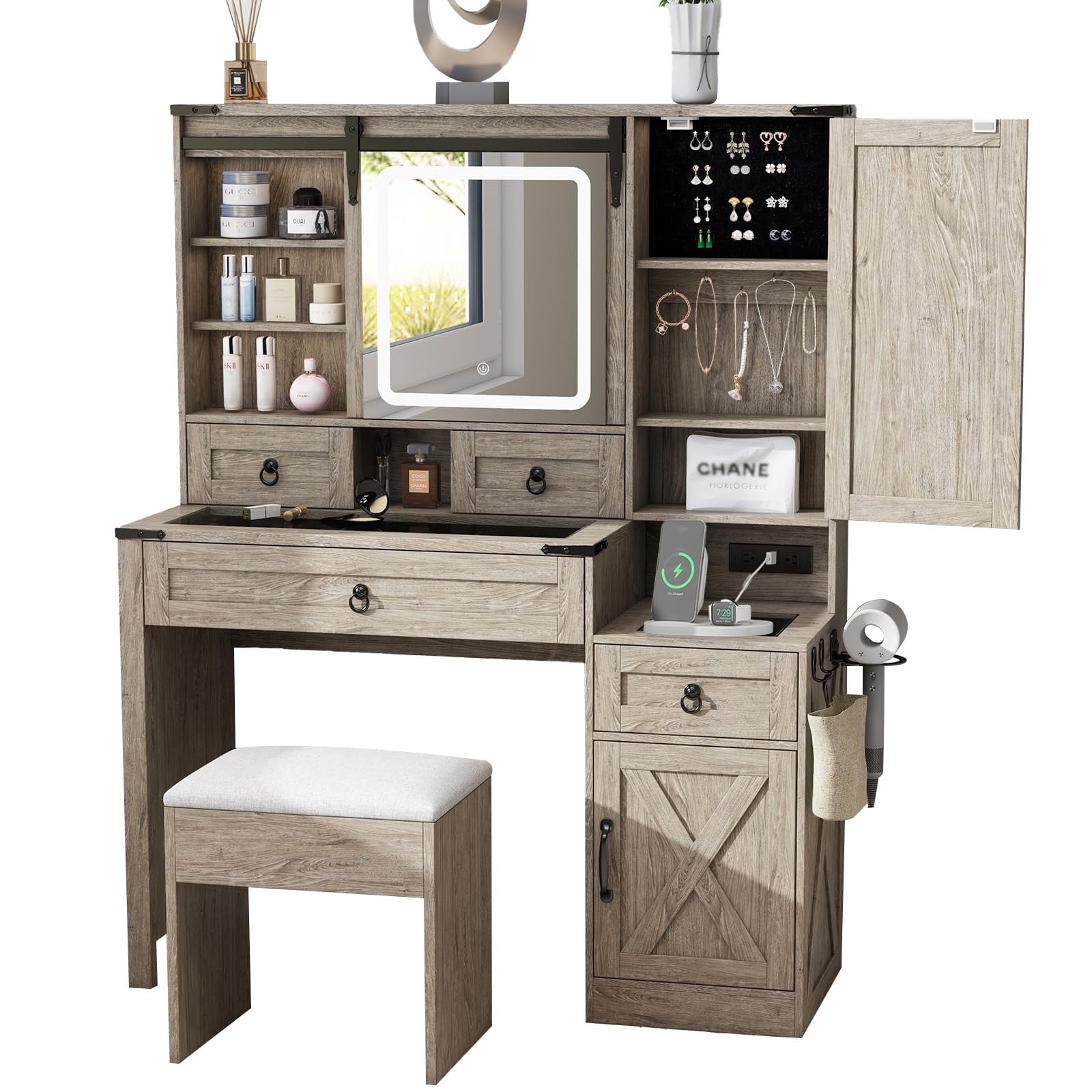longtingus Farmhouse 42" Makeup Vanity Table with Charging Station ...