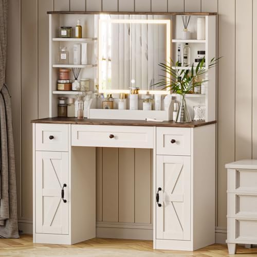 Farmhouse Makeup Vanity Desk with Mirror and Lights, Makeup Vanity with ...