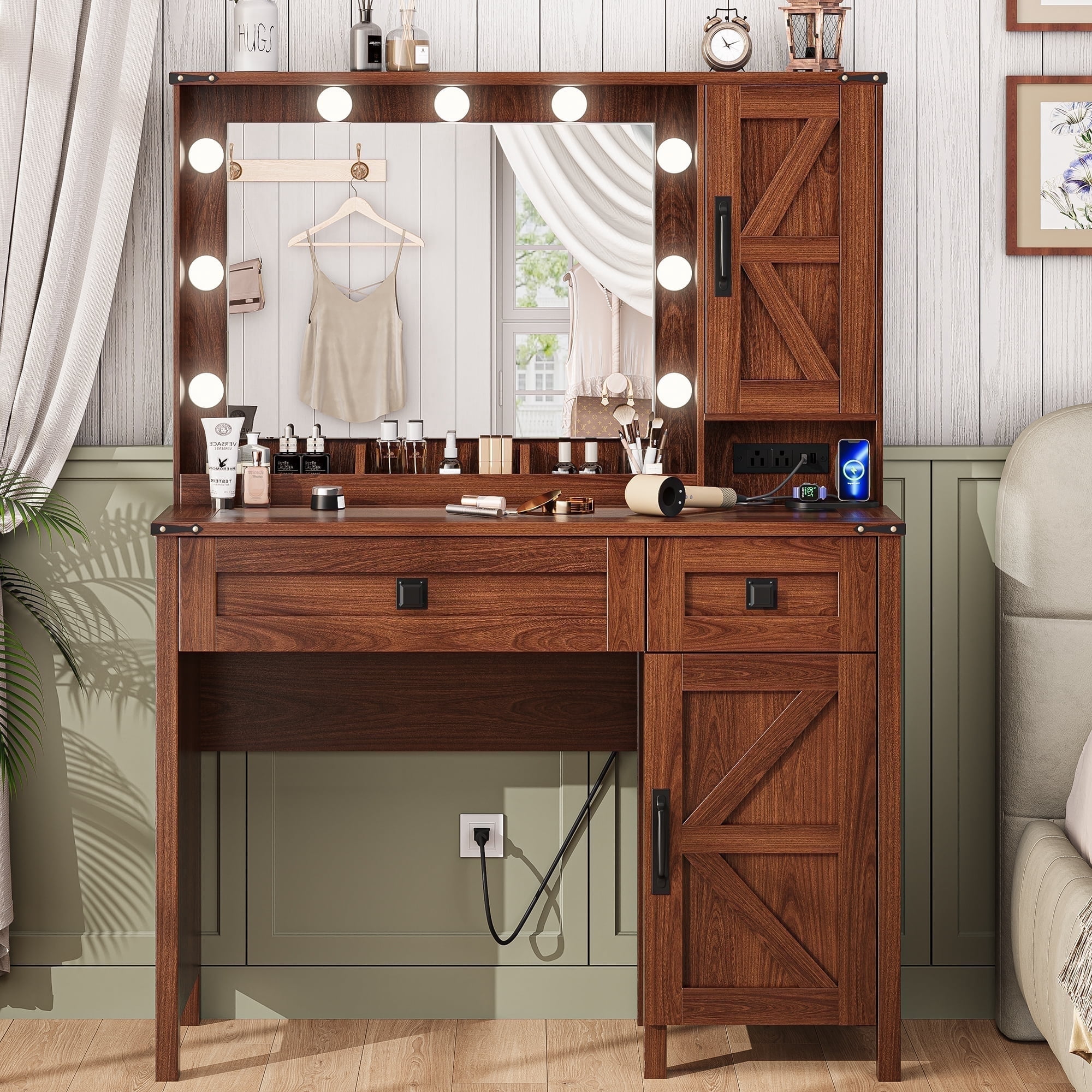 GIKPAL Makeup Vanity, Vanity Desk with Mirror & Glass Top, Farmhouse ...