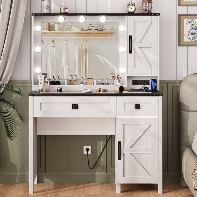 GIKPAL Makeup Vanity, Vanity Desk with Mirror & Glass Top, Farmhouse ...